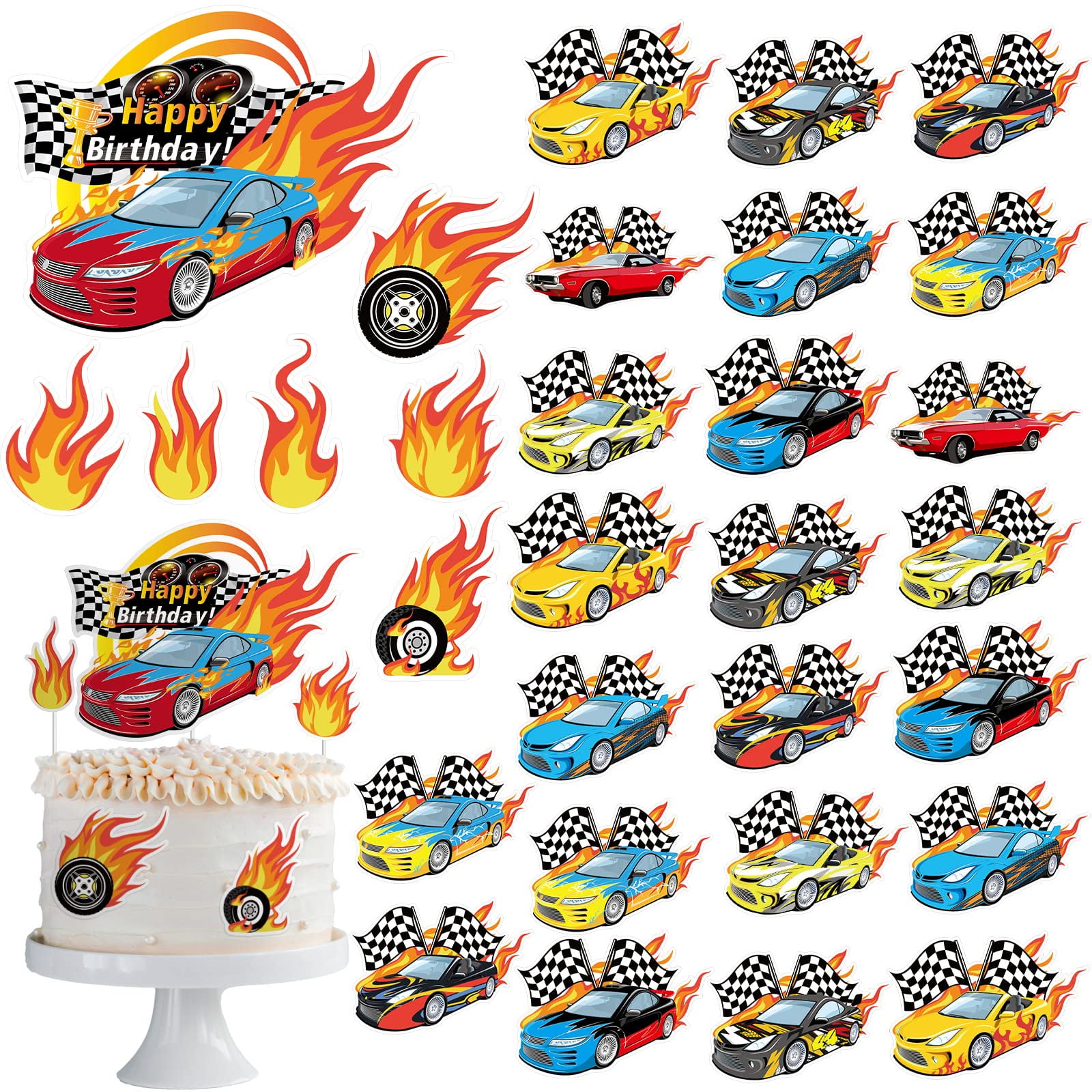 55 Pcs Race Car Cupcake Toppers Hot KMC2Happy Birthday Cake Wheels ...