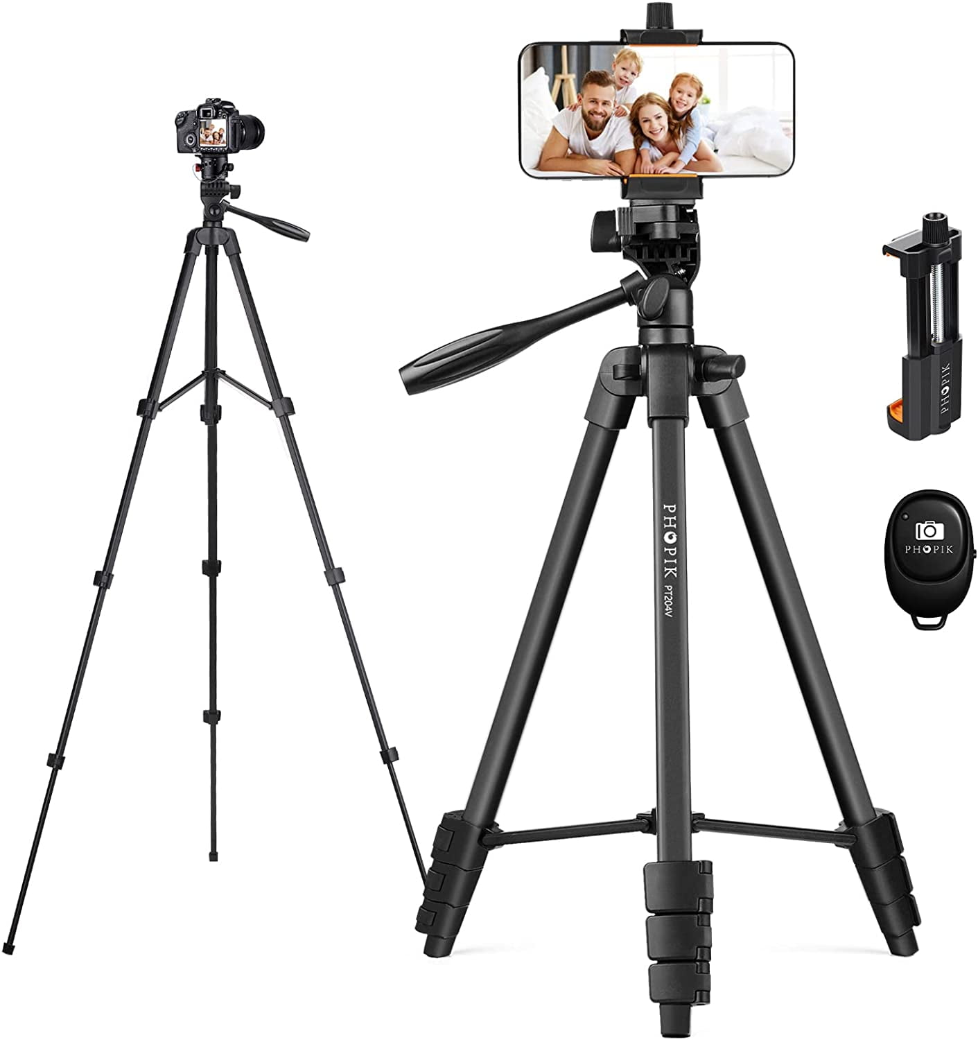 55" Phone Tripod, PHOPIK Aluminum Extendable Tripod Stand with Shutter, Carrying Bag, Compatible ...