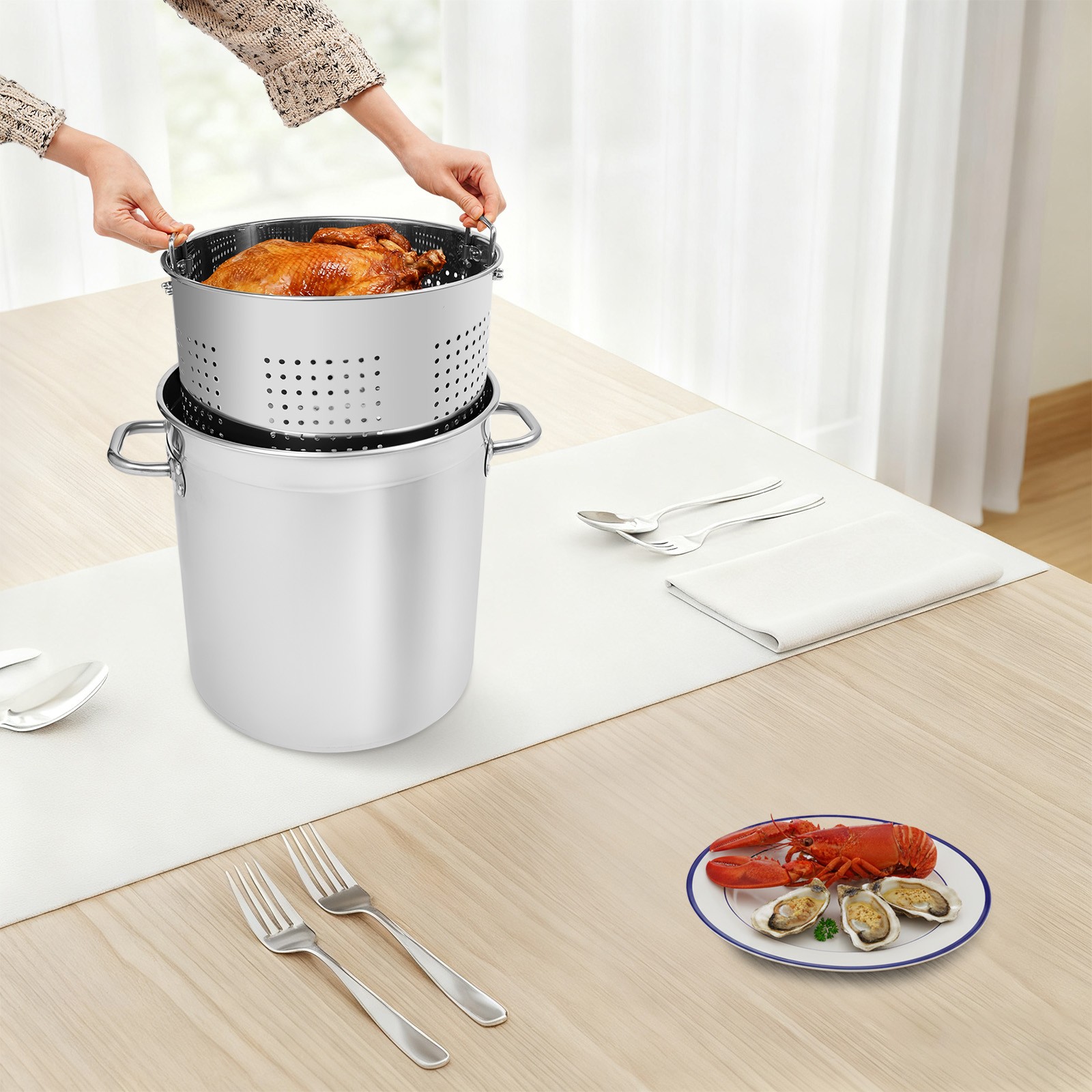 55 QT Modern Silver Round Stainless Steel Seafood Boil Pot With Basket ...
