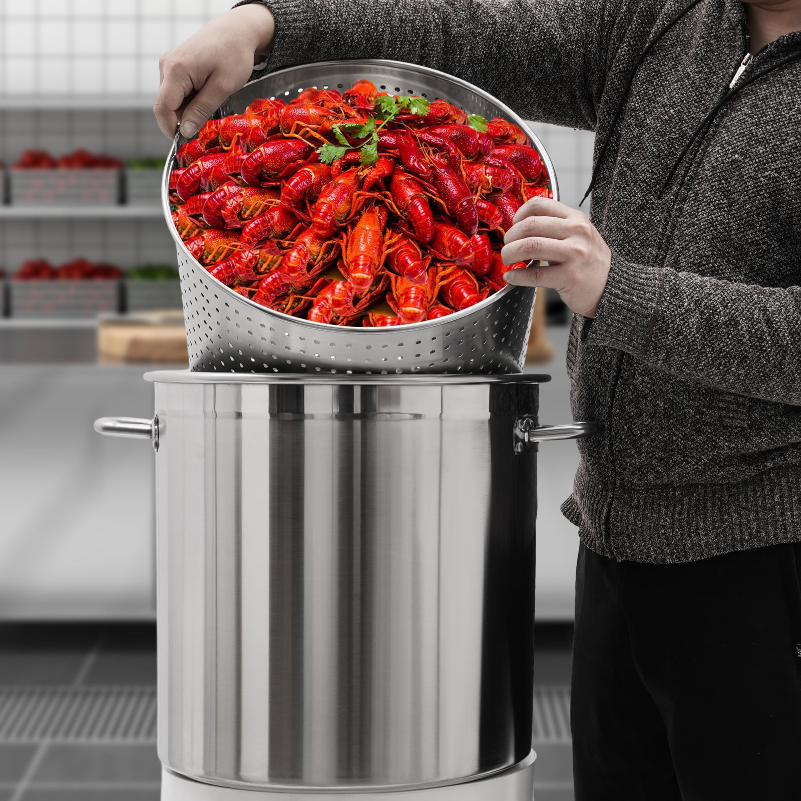 55 QT Stainless Steel Stock Pot w/ Strainer Basket, Crawfish Seafood ...
