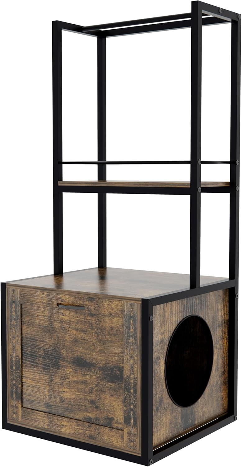 55" Refined Litter Box Enclosure with Storage Shelves and 2 Hanging ...