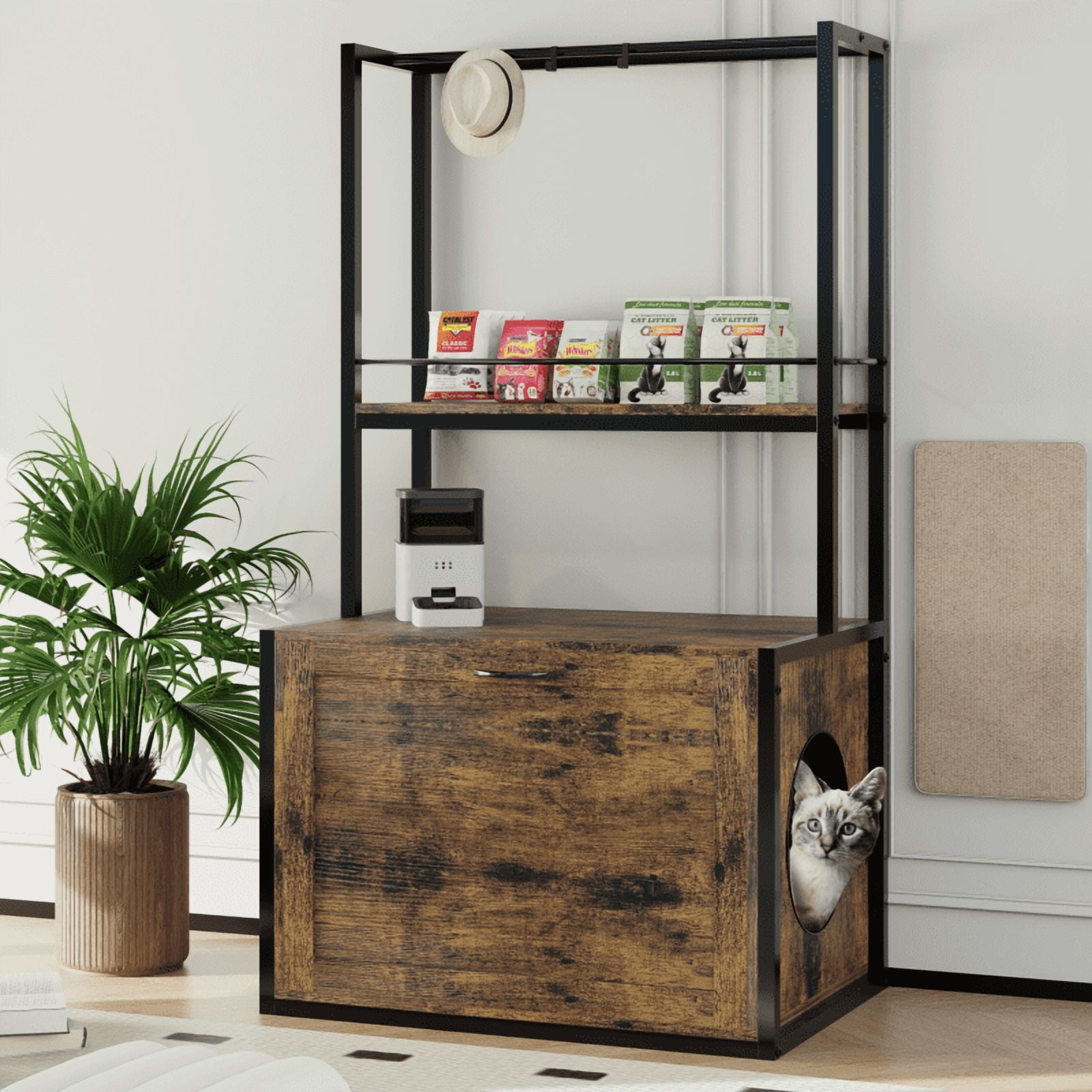 55"Refined Litter Box Enclosure with Storage Shelves and 2 Hanging ...