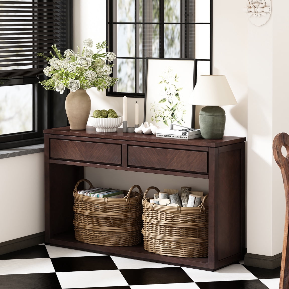 55" Rustic Wooden Console Table with Storage Drawers and Open Shelf ...