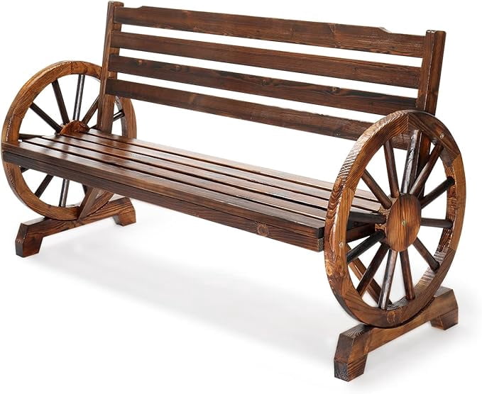 55" Rustic Wooden Wheel Bench Outdoor Bench, 2-Person Patio Bench Wagon ...