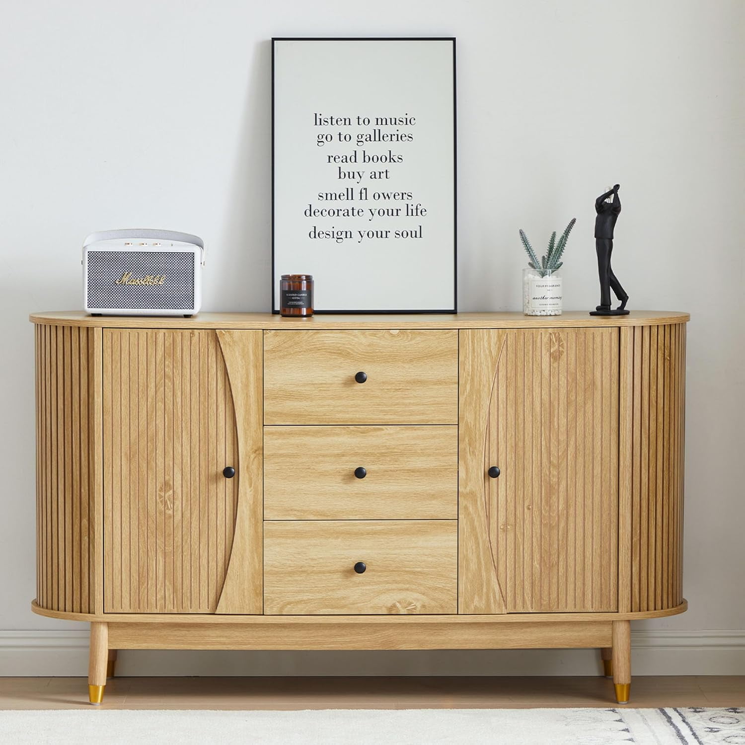 55" Sideboard Buffet Cabinet with Storage,Modern Curved Edge Buffet Cabinet with 3 Drawers and 2 ...