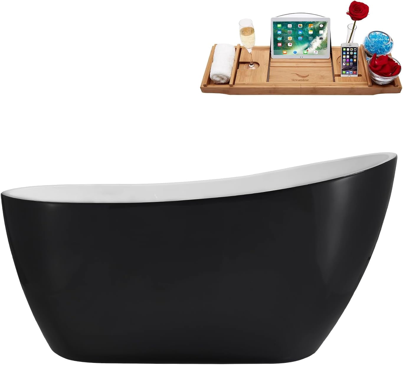 55" Streamline NB6440BL Soaking Glossy Black Freestanding Tub and Tray ...