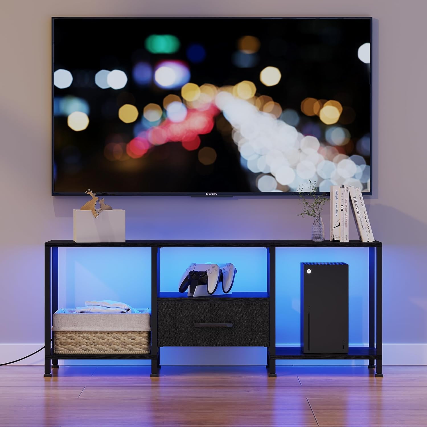 55" TV Stand with LED Lights, Media Console with Open Shelves and ...