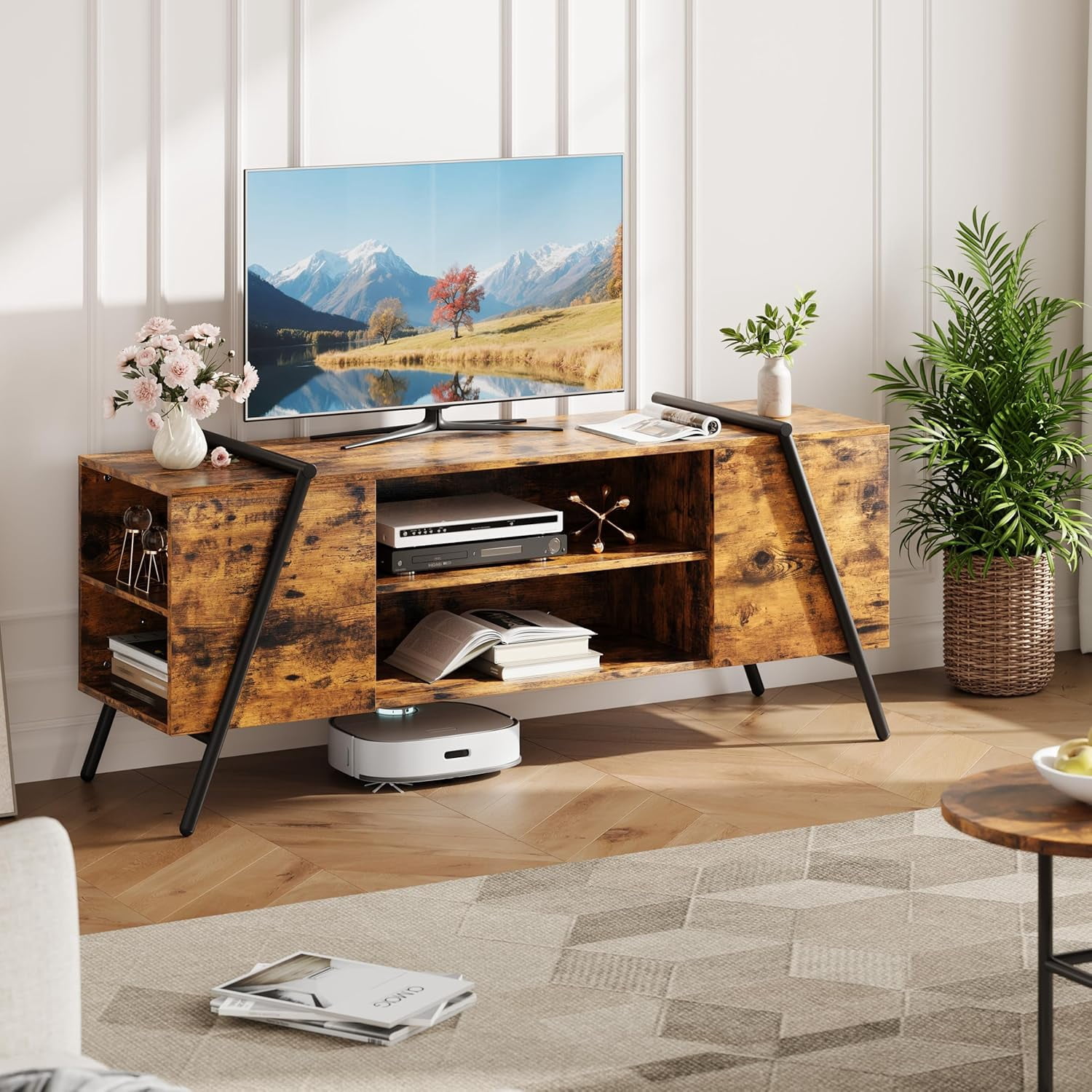 55" TV Stand with Slanted Metal Legs, Wood Entertainment Center with ...