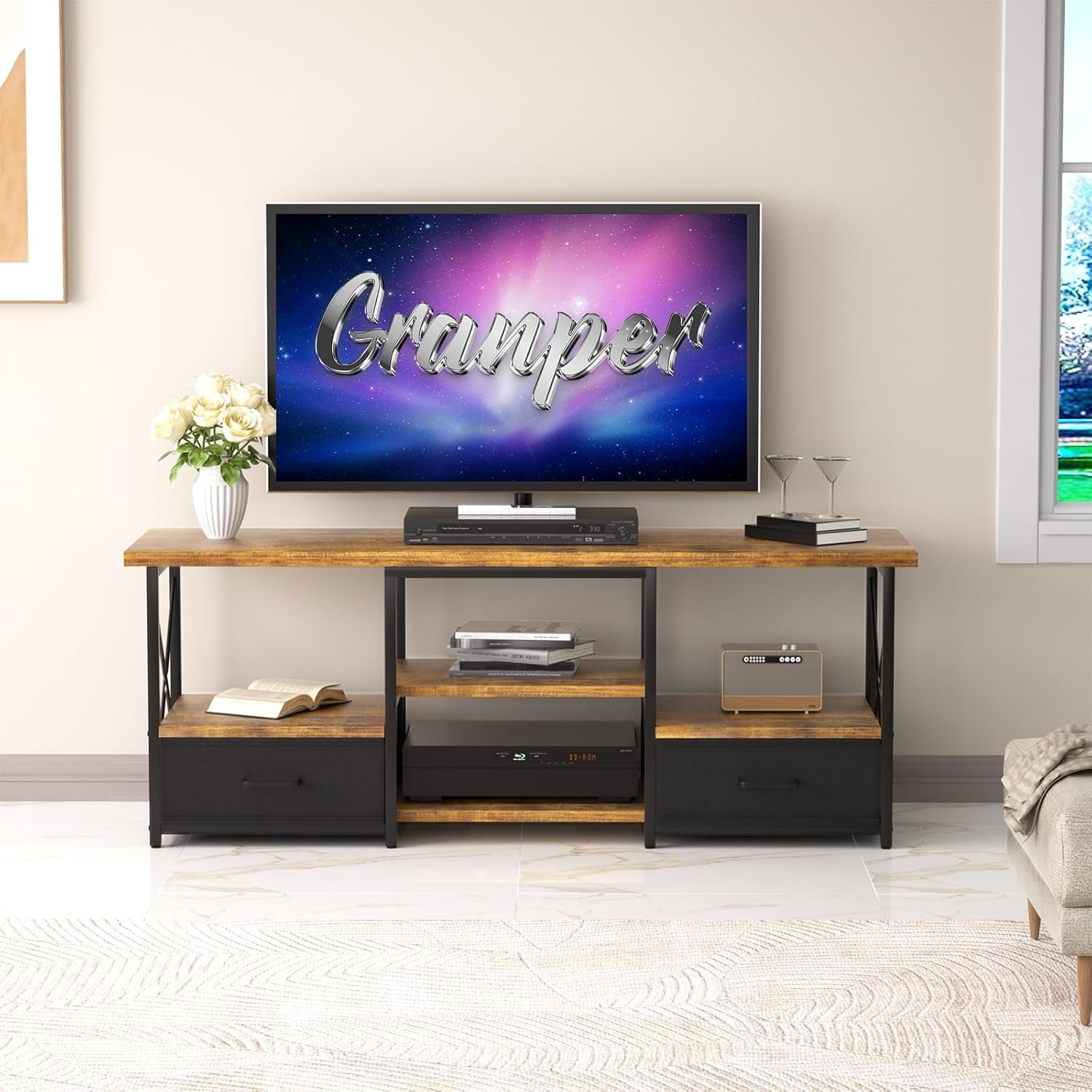 55” TV Stand with 2 Fabric Drawers, 3-Tier Storage Shelves ...