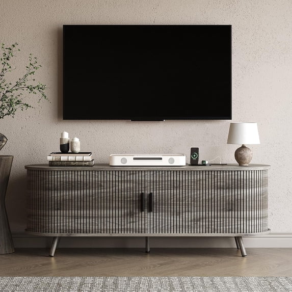 55" TV Stand with Power Outlet, Modern Media Console with Sliding Doors ...
