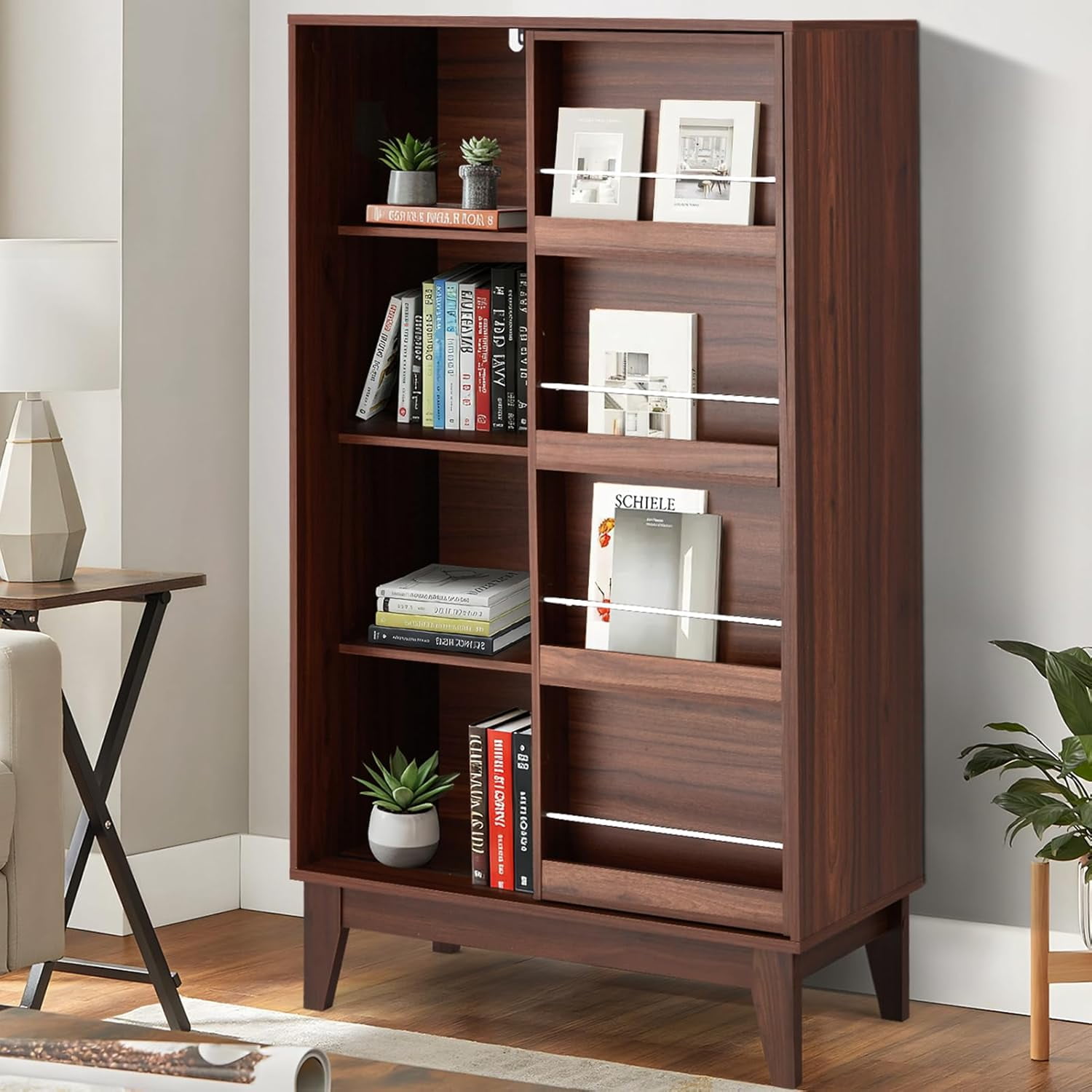 55’’ Tall Bookshelf with Sliding Door and 4 Tier Magazine Rack, 4 Shelf ...