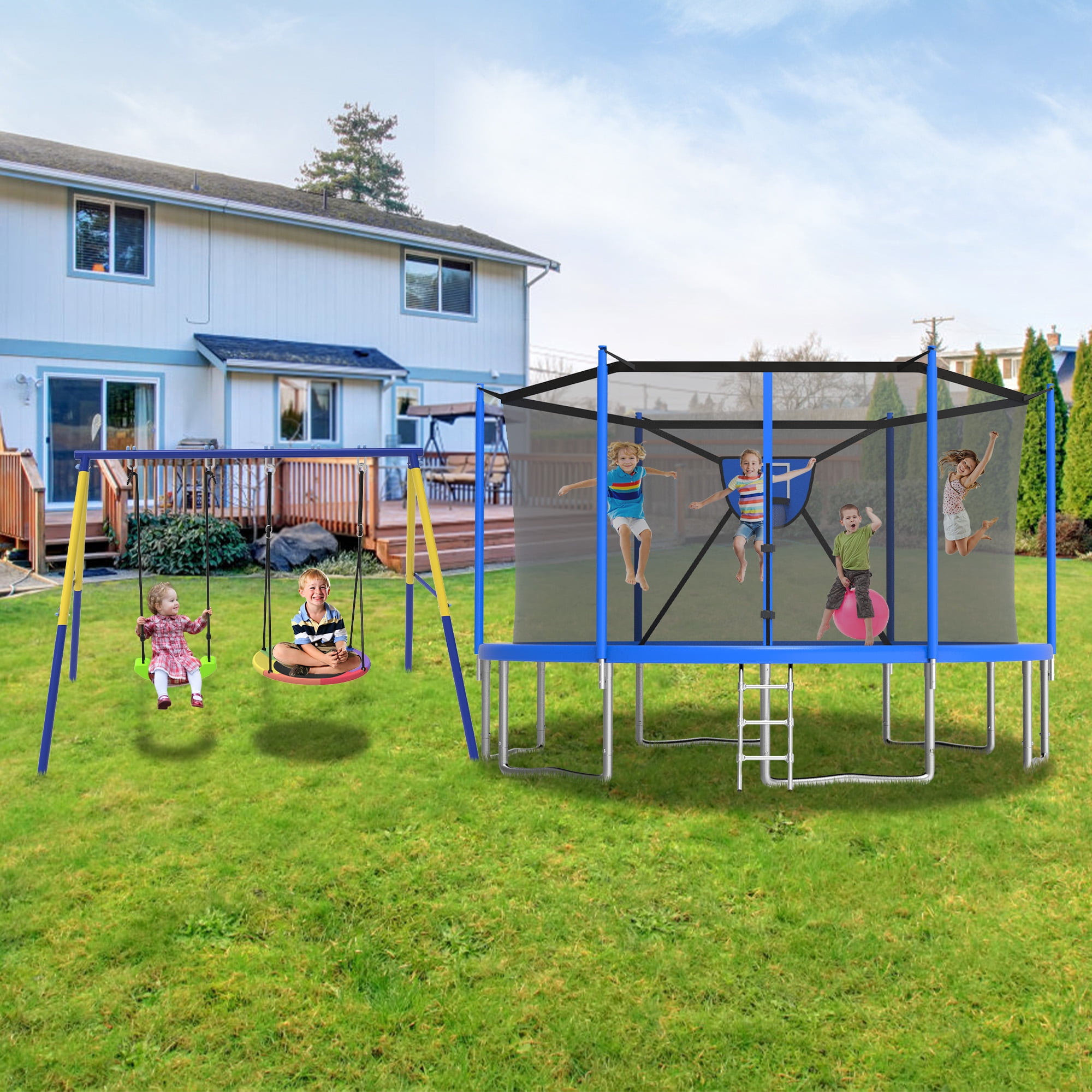 DreamBuck 16FT Outdoor Trampoline, Swing and Basketball Hoop Combo ...