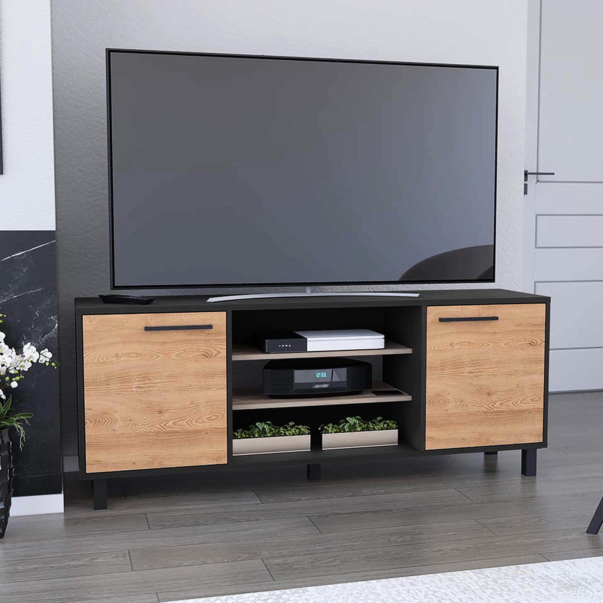 55" Tv Stand With Four Shelves, Black Pine, Fits 65" Display Tv For ...