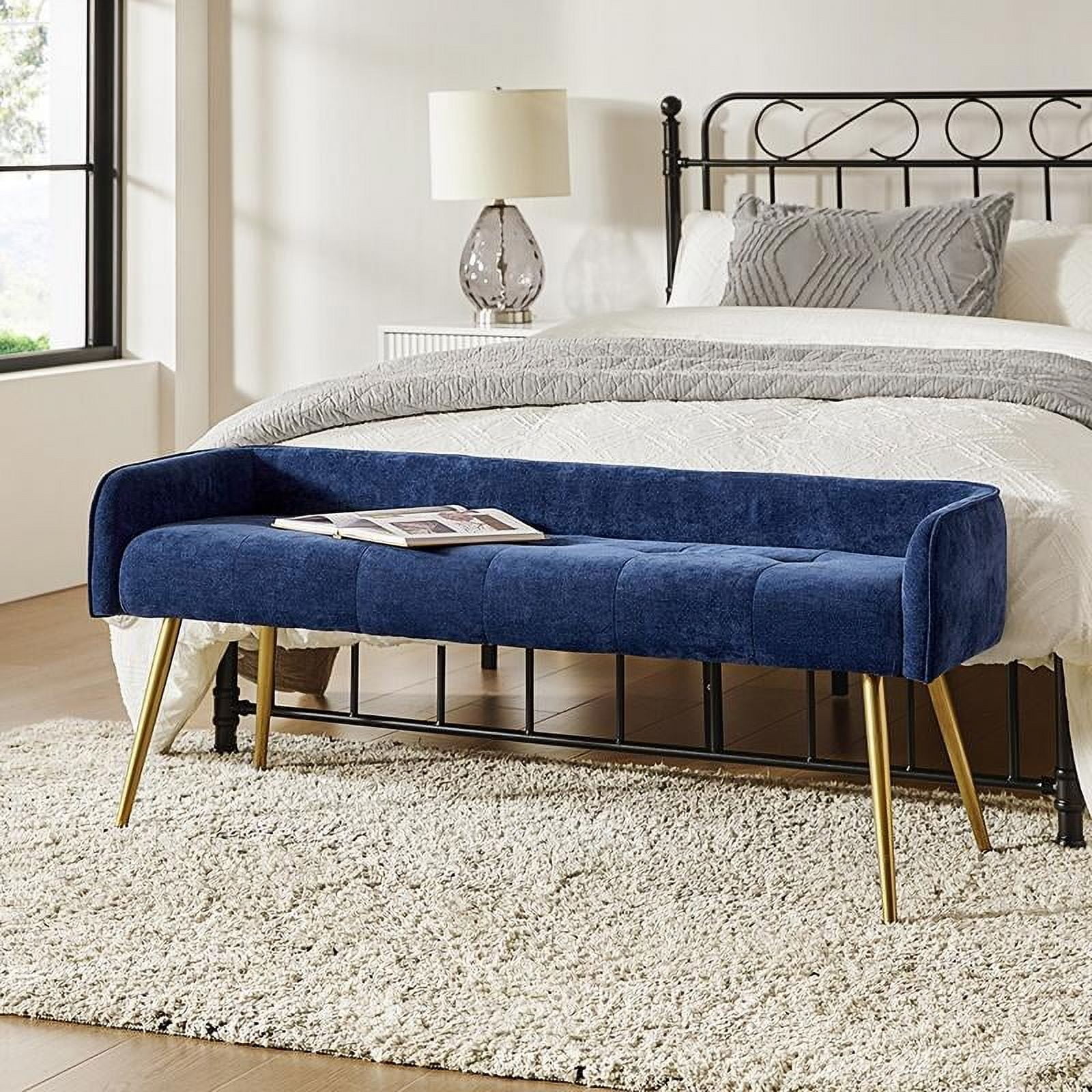 55 Upholstered Ottoman Bench with Arms Low Back End of Bed Entryway Bedroom Golden Tapered Leg Navy Walmart Business Supplies