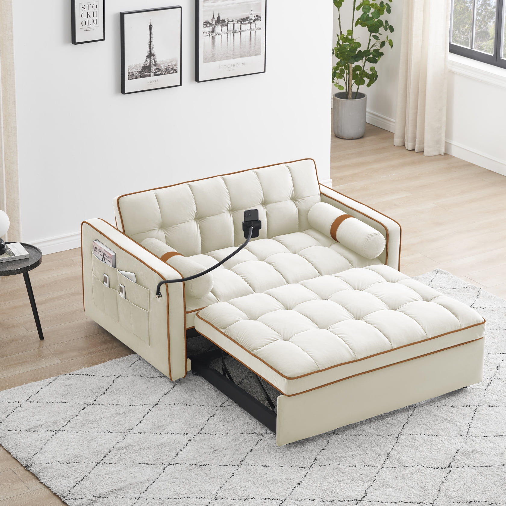 55'' Velvet Pull Out Sleeper Sofa with Adjustable Backrest and Round ...