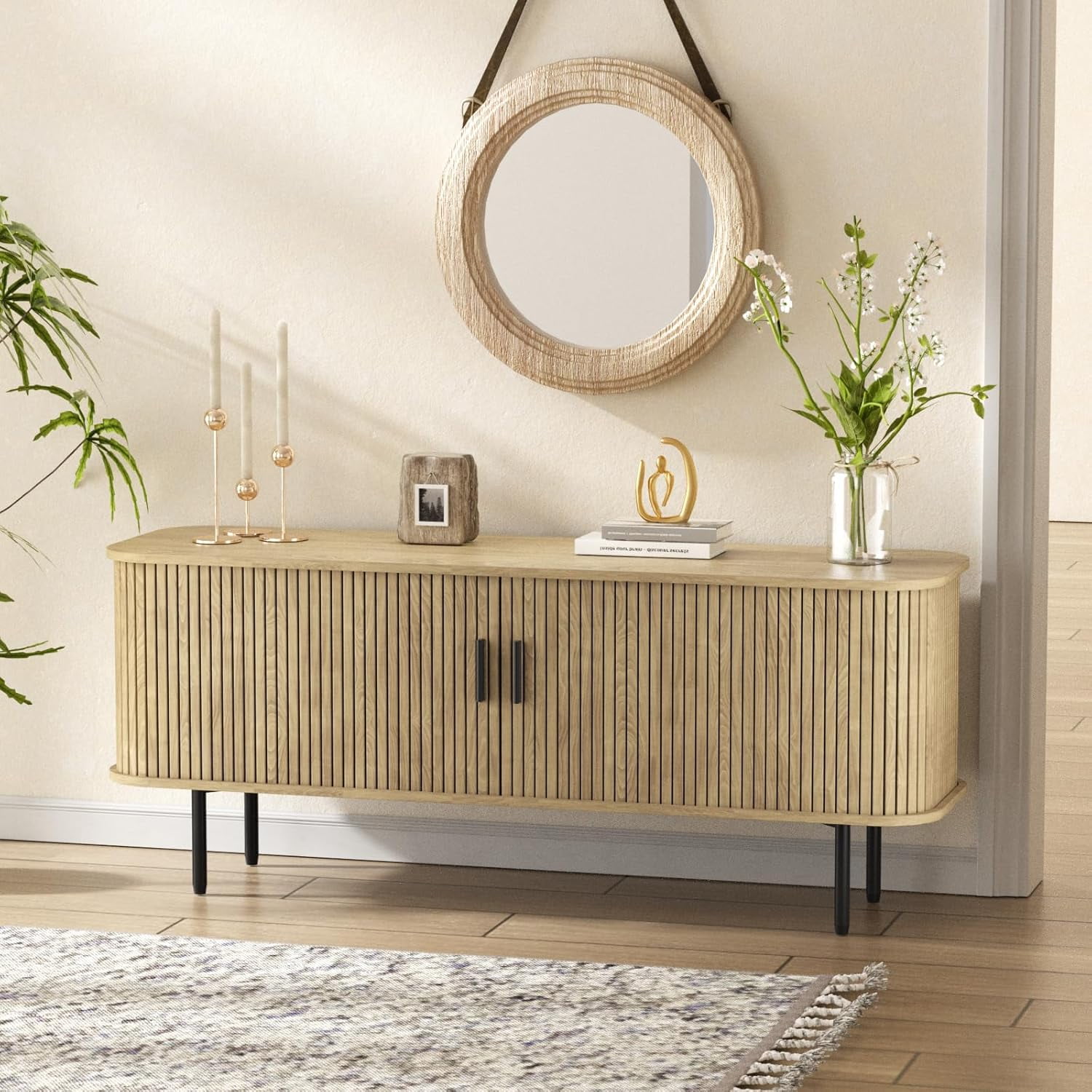 55''W Natural Storage Cabinet, Media Console, Tambour TV Stand ...