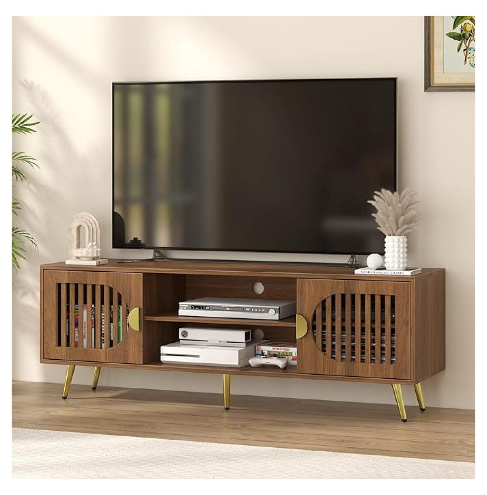 55" Walnut TV Stand for TVs up to 65 Inch, Century Modern Entertainment ...