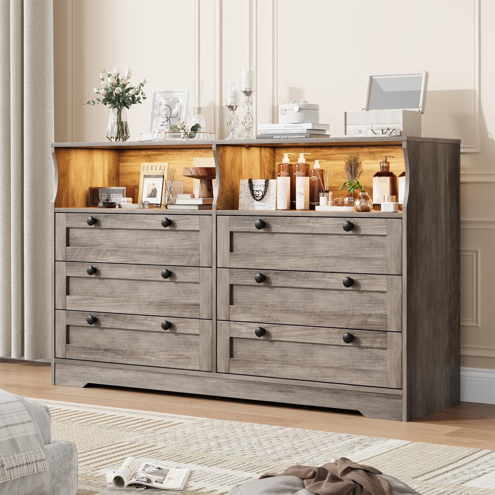 55" Wide 6 Drawers Wooden Dressers for Bedroom, Large Modern Dressers ...
