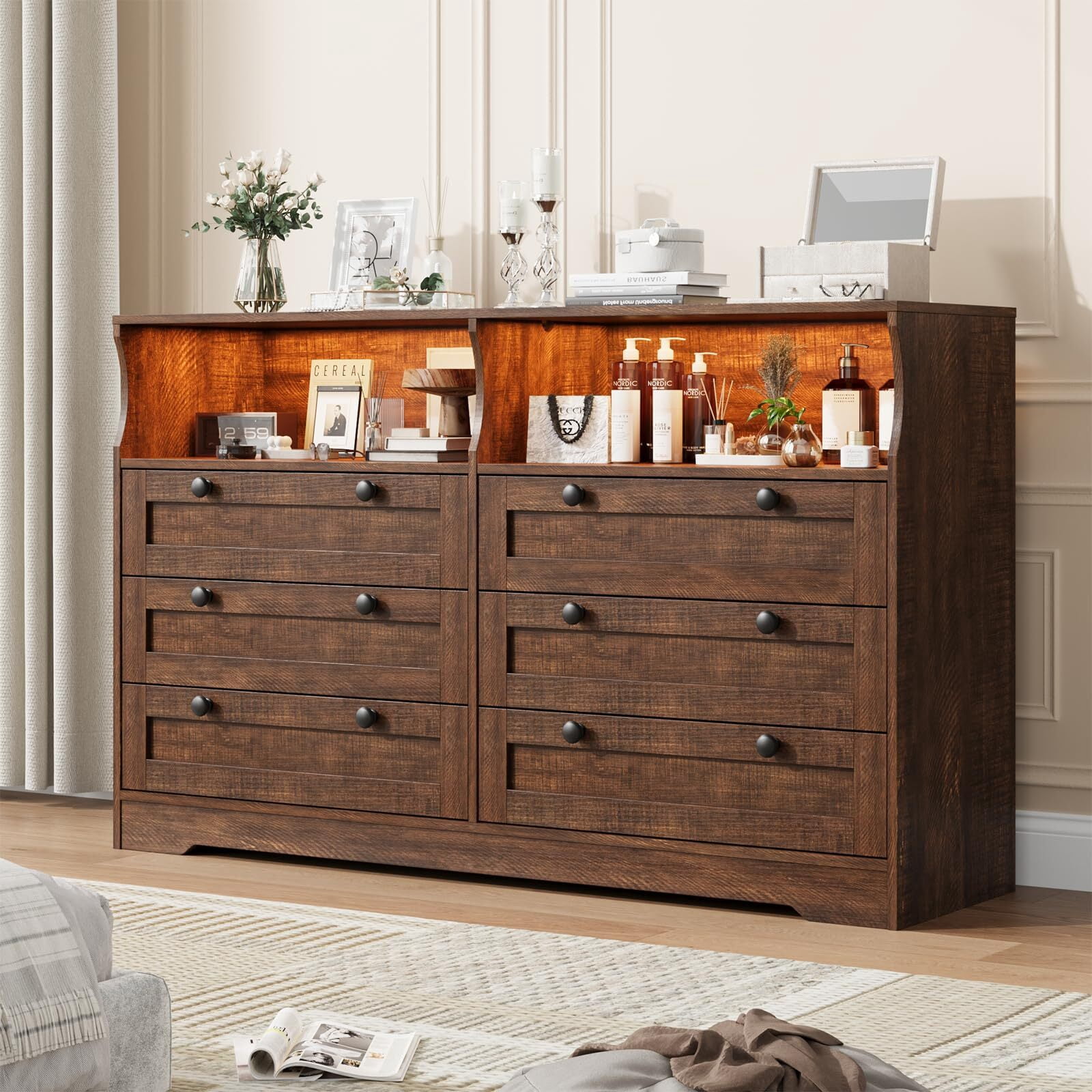 55" Wide 6 Drawers Wooden Dressers for Bedroom, Large Modern Dressers ...