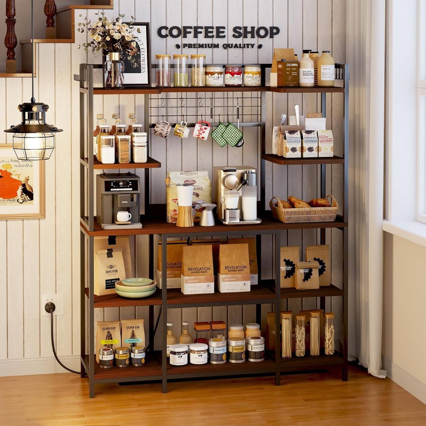 55" Wide Large Bakers Rack with Power Outlet, 5-Tier Microwave Stand ...