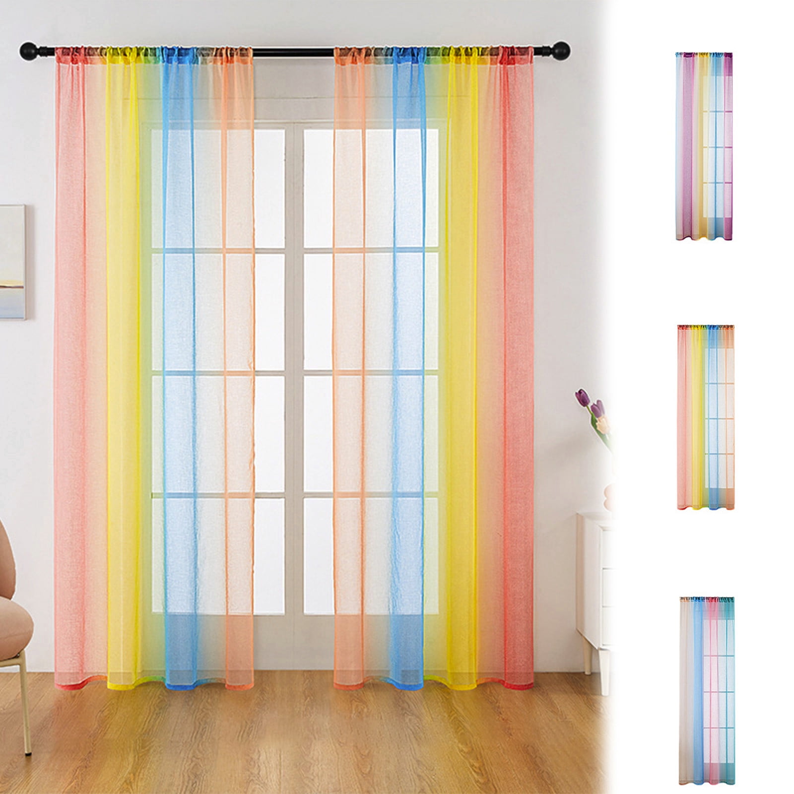 55 X 63 Inches Sheer Rainbow Curtains, Colorful Ombre Voile Drapes, Rod ...
