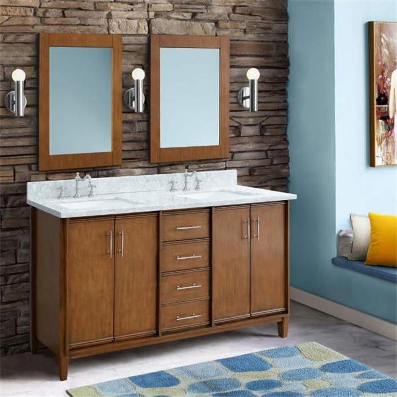 55 in. Double Rectangle Sink Vanity with Carrara Marble Top, Walnut ...