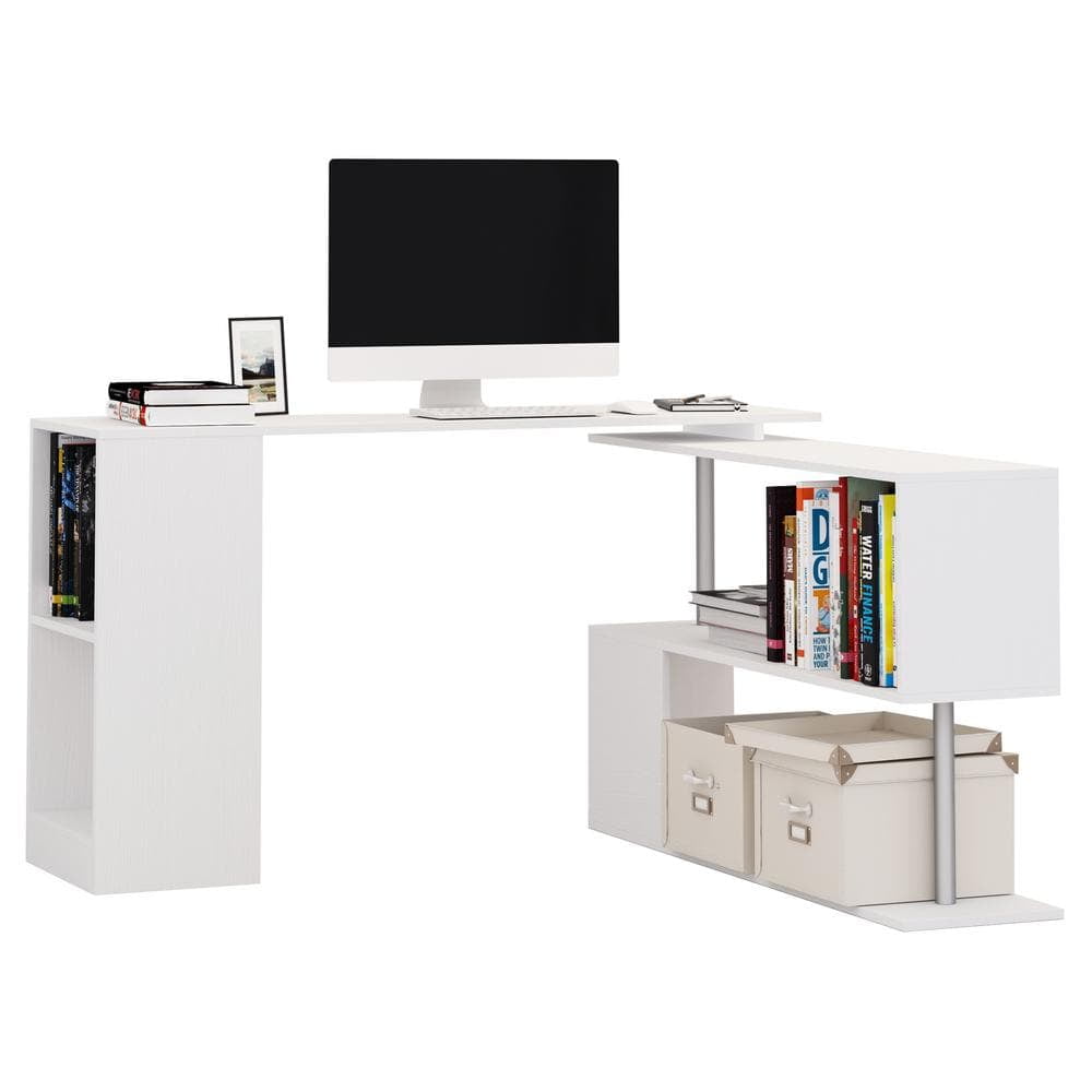 55 in. L-Shaped White Writing Computer Desk with Display Shelves ...