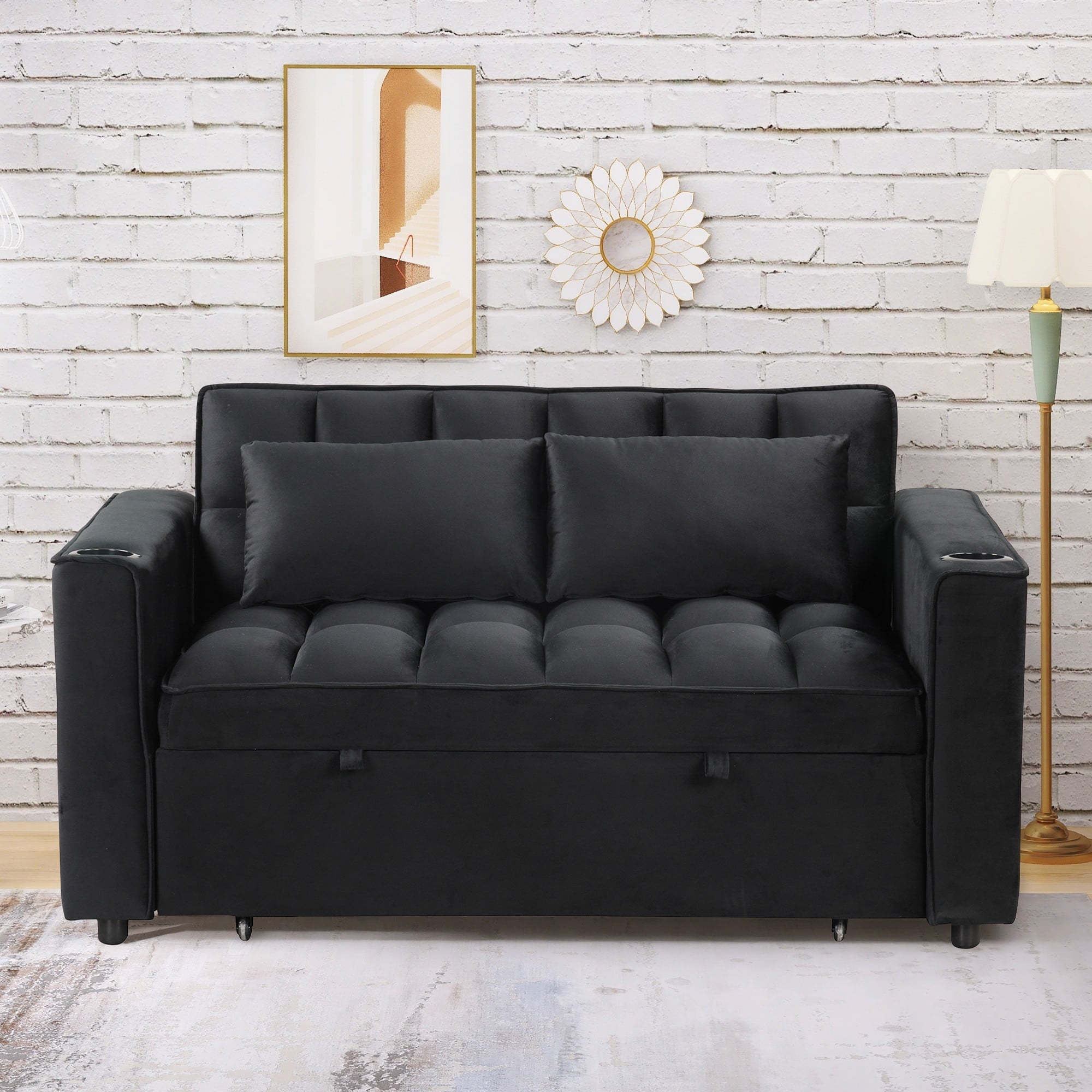 55 inch 4-1 Multi-functional Sofa Bed with Cup Holder, 2-Seater Velvet ...
