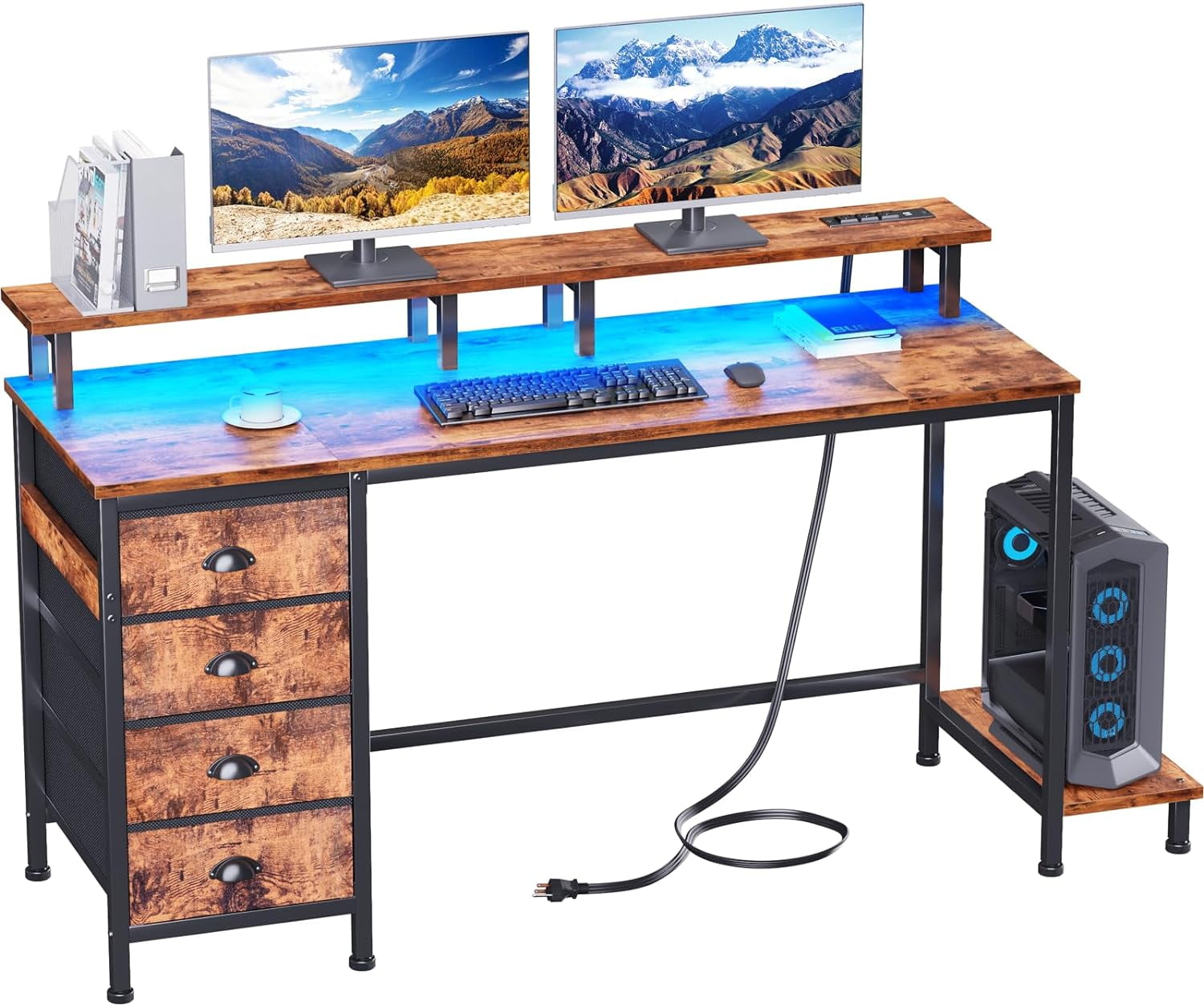 55 inch Computer Desk with 4 Drawers, LED Gaming Desk with Power ...