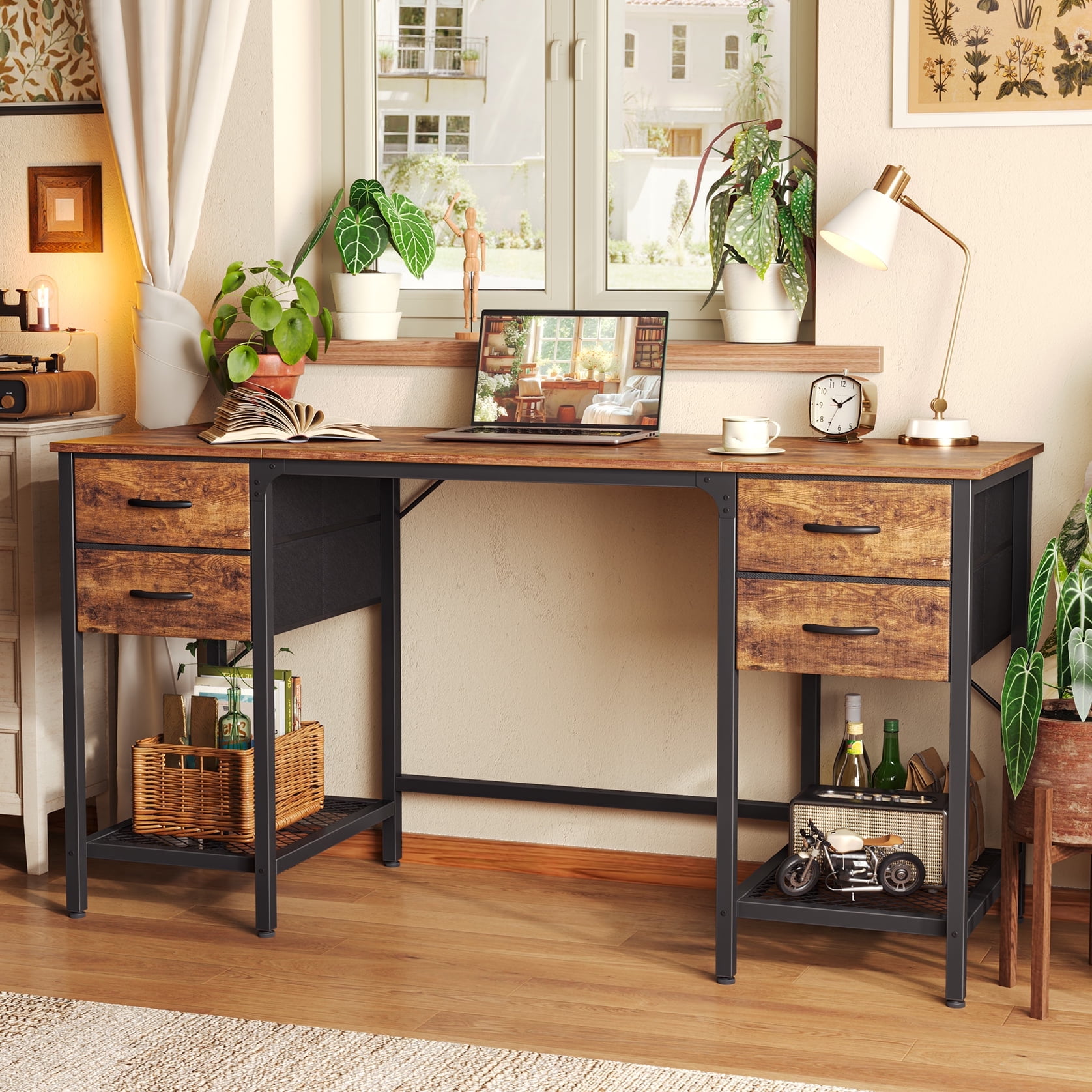 Industrial Computer Desk, 55.1" Office Writing Desk with Drawers ...