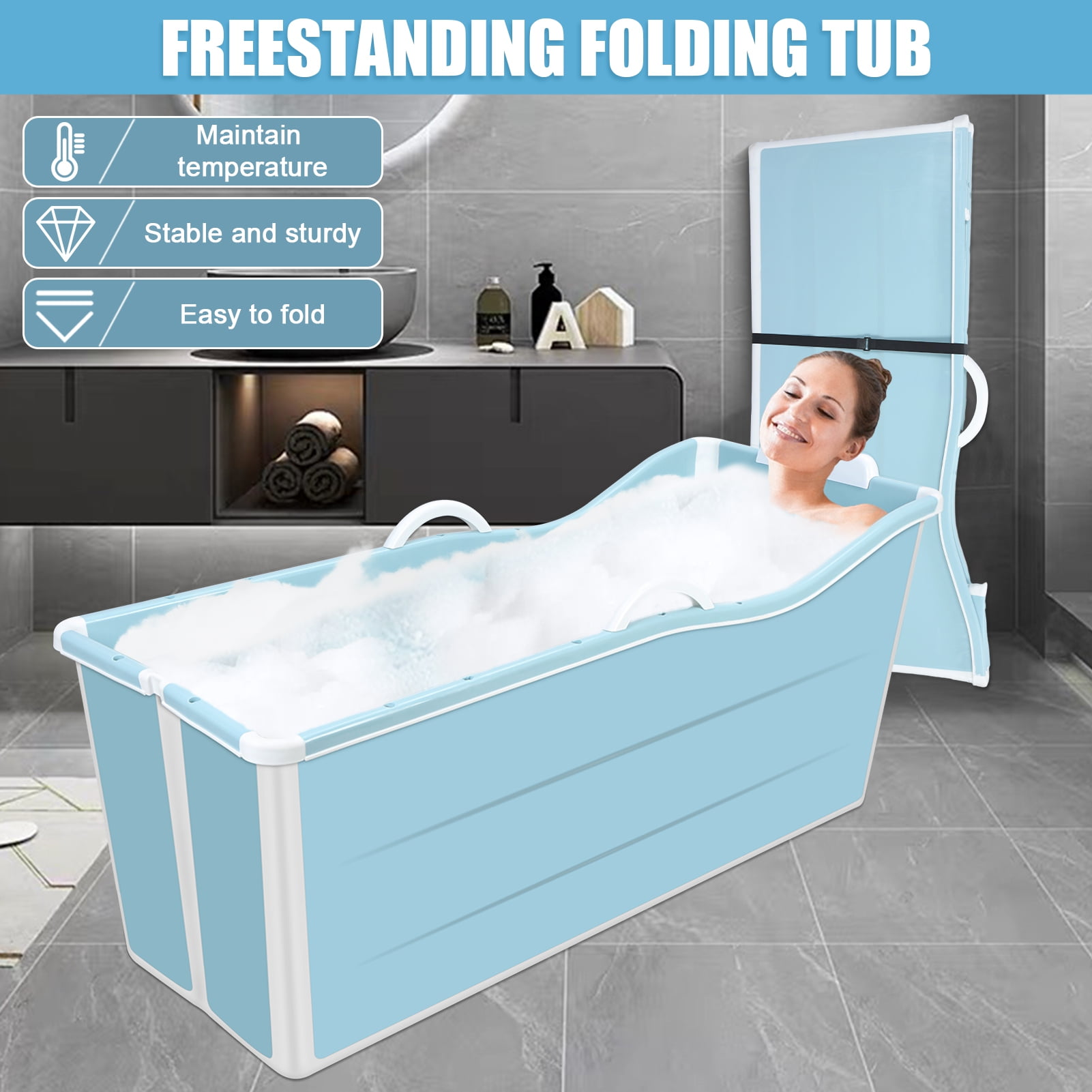 55 inch Foldable Bathtub, Collapsible Soaking Bath Tub, Portable Bathtub for Adult, Freestanding ...