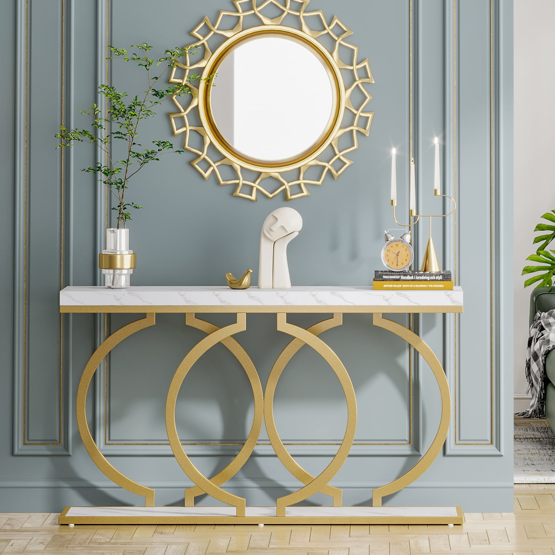55 inch Gold Console Table, Faux Marble Entryway Table Narrow Long Sofa ...