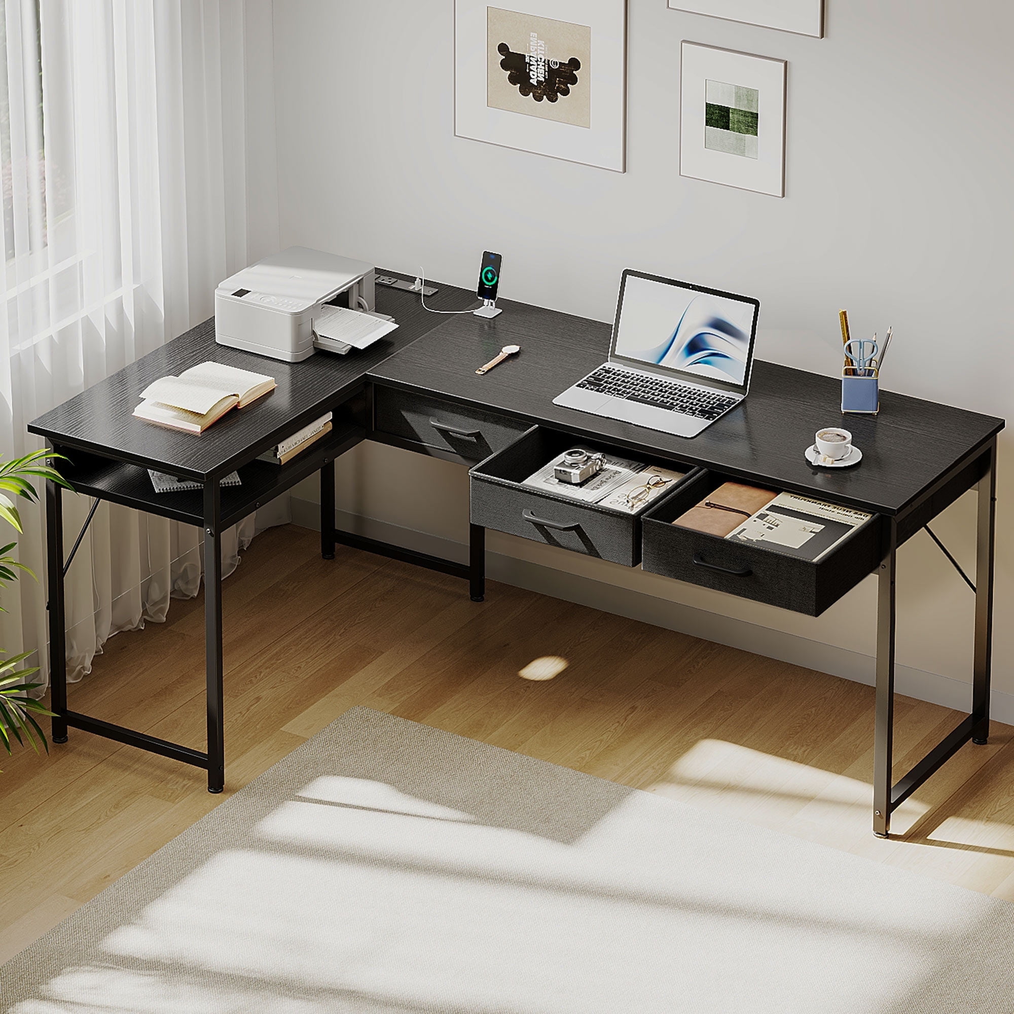 55 inch L Shaped Computer Desk with Drawers, Corner Desk with Power ...