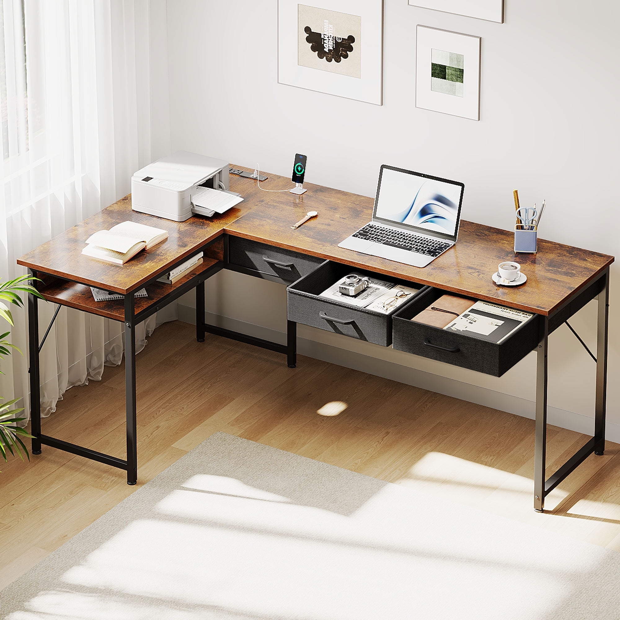 55 inch L Shaped Computer Desk with Drawers, Corner Desk with Power ...