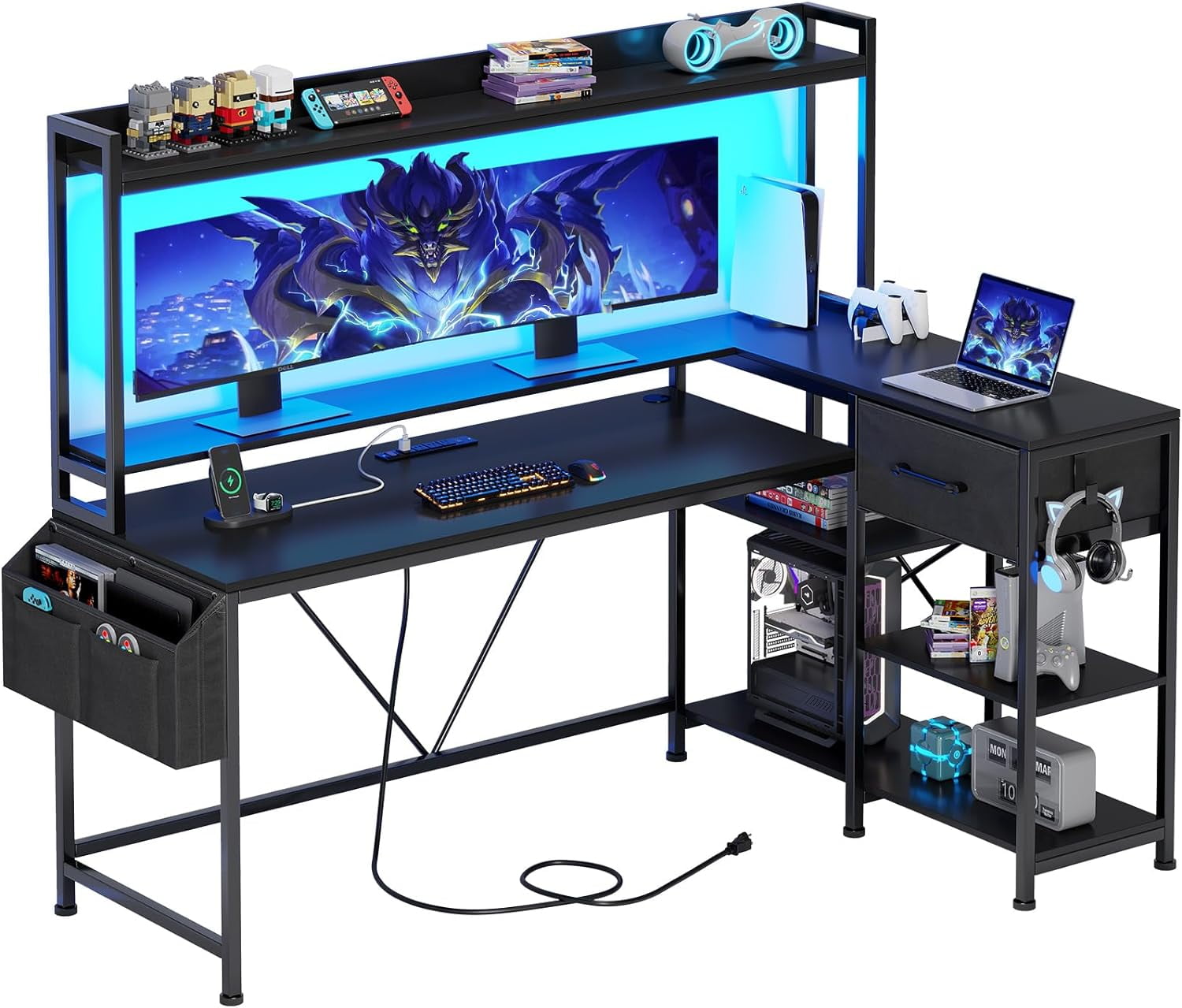 55 inch L Shaped Gaming Desk, Corner Computer Desk with Fabric Drawer ...