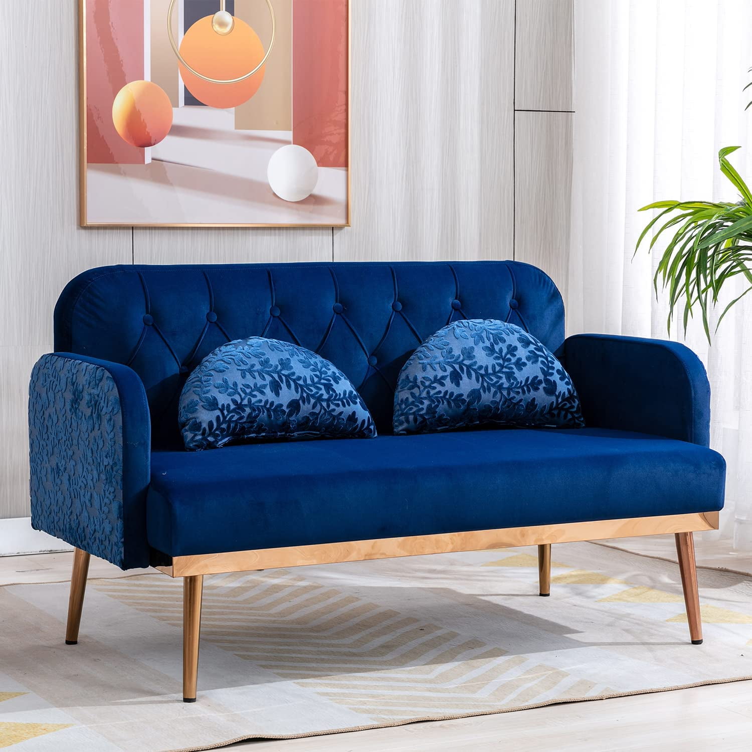 55-inch Small Velvet Sofa with two Elegant Moon Shape Pillows, Modern ...