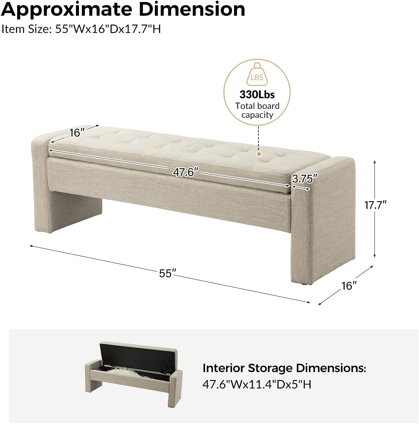 55-inch Storage Ottoman Bench with Tufted Design, Accent Bedroom Bench ...