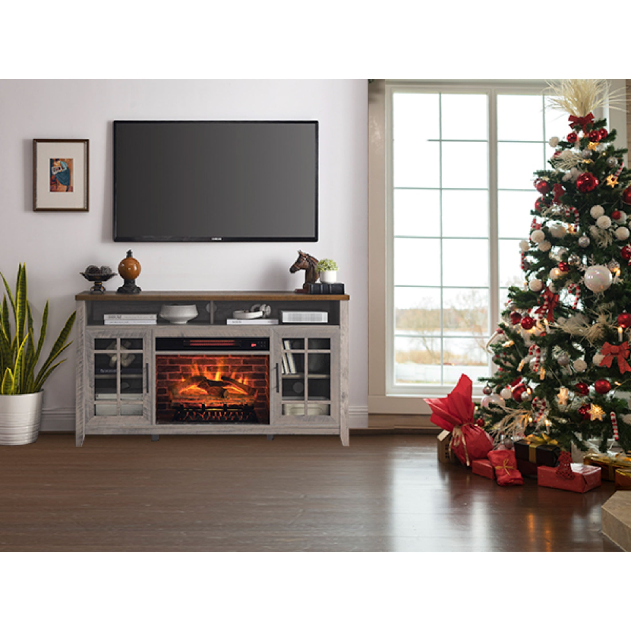 55 inch TV Media Stand with Electric Fireplace KD Inserts Heater,Gray ...