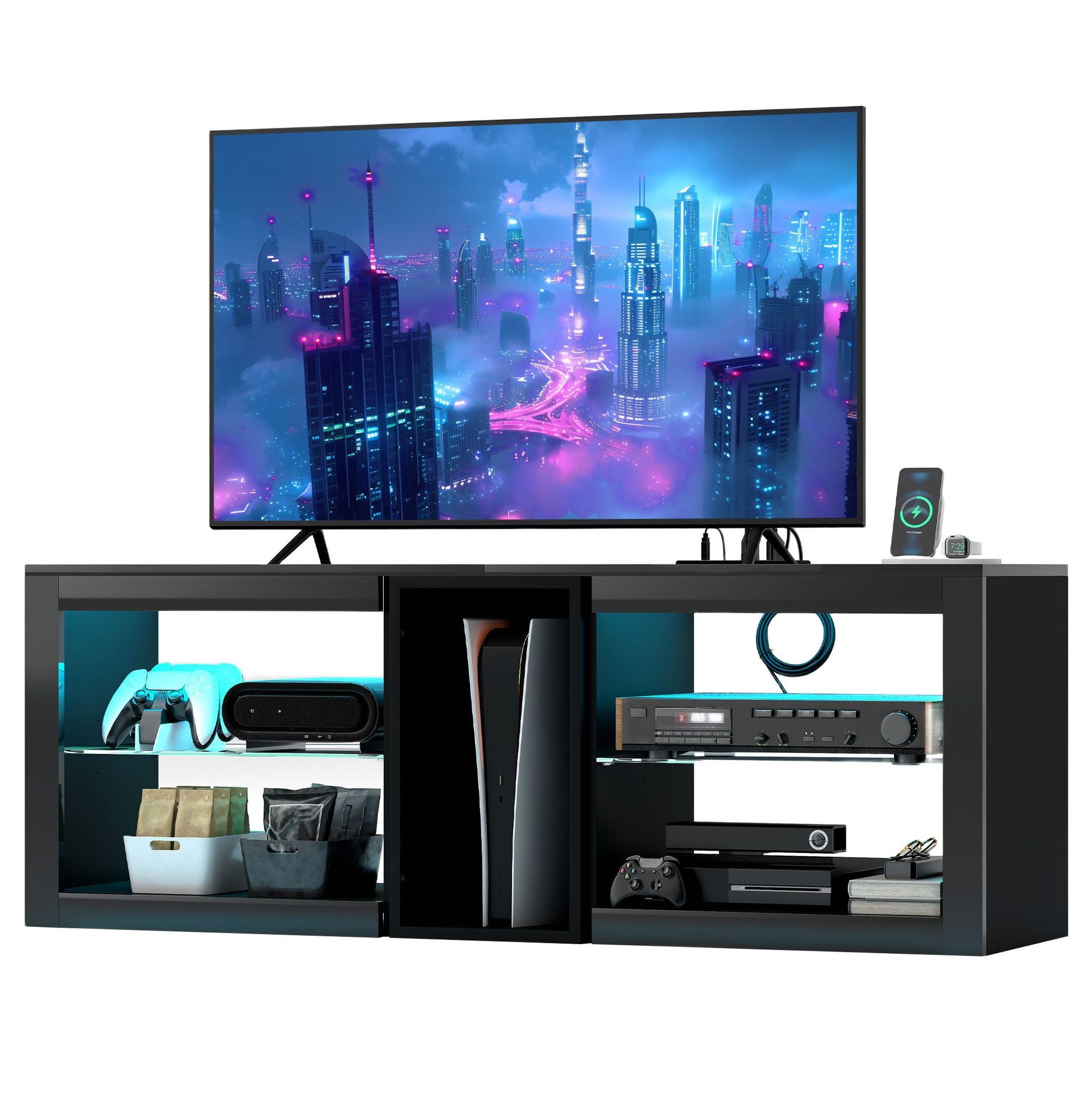 55 inch TV Stand with LED Lights, Black Entertainment Center with ...
