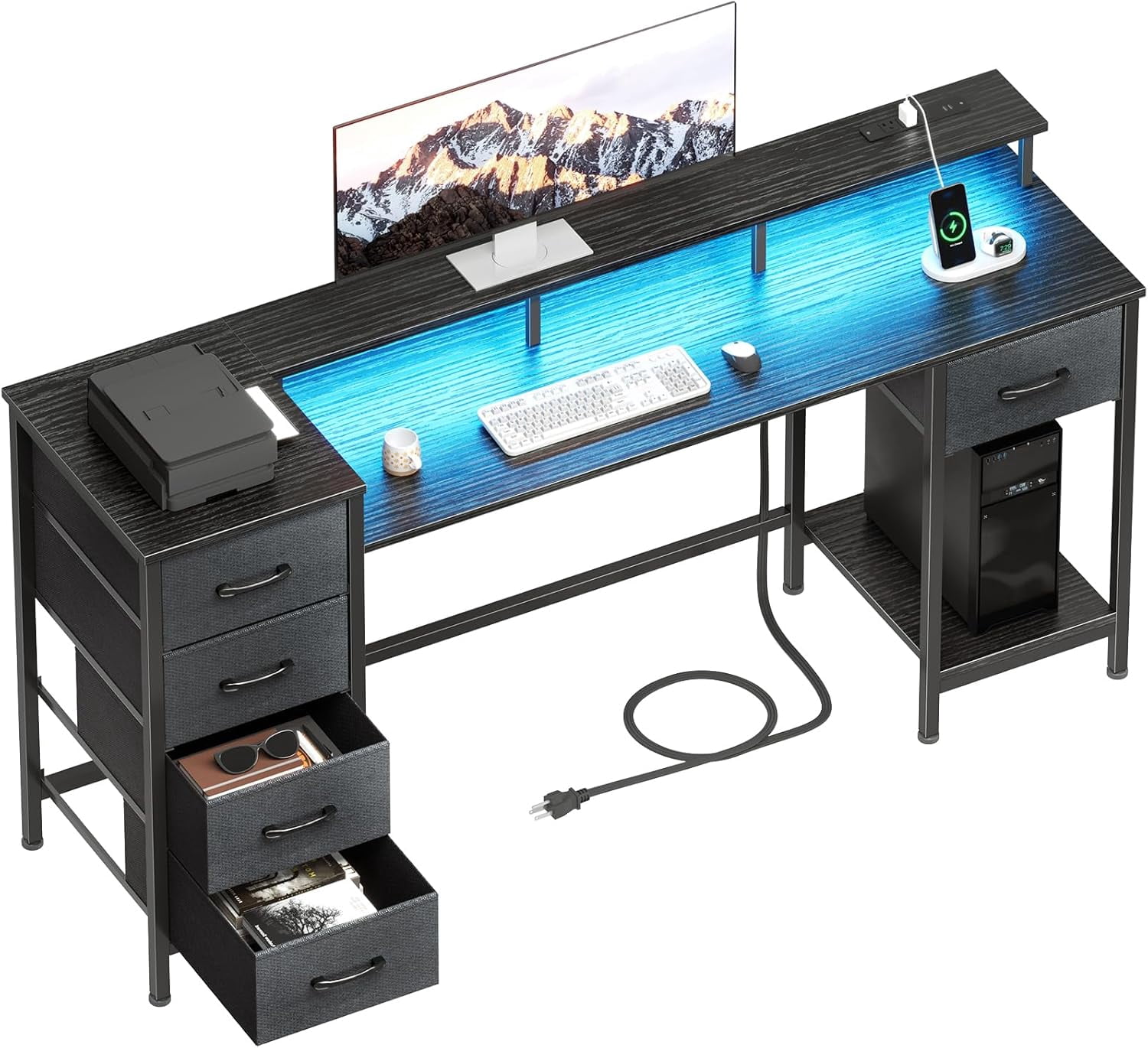 55 Inch Computer Gaming Desk with Power Outlets LED Lights, Reversible ...