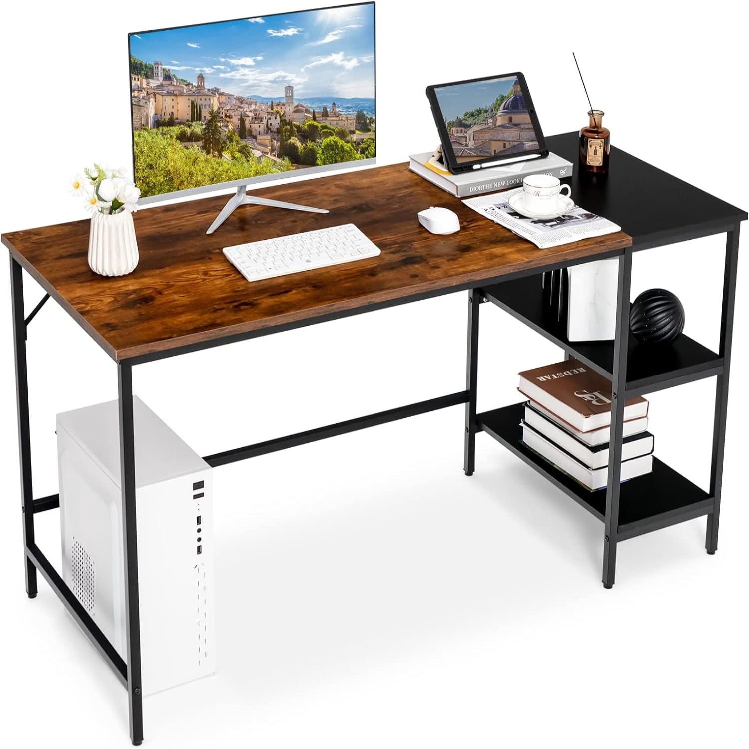 55\u201D Computer Desk PC Laptop Desk with Shelves Large Computer Desk ...