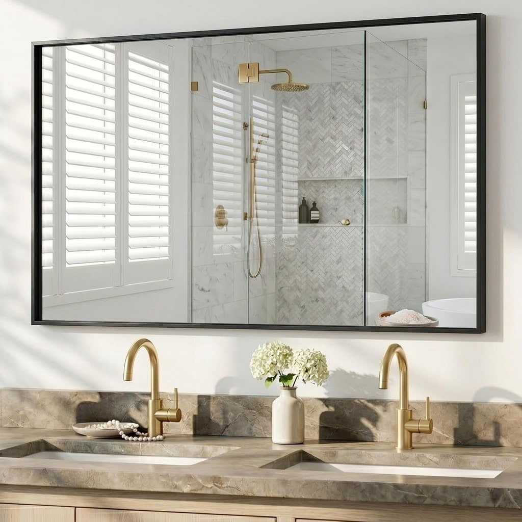 55 x 30 Inch Black Wall-Mounted Bathroom Mirror for Double Vanity ...
