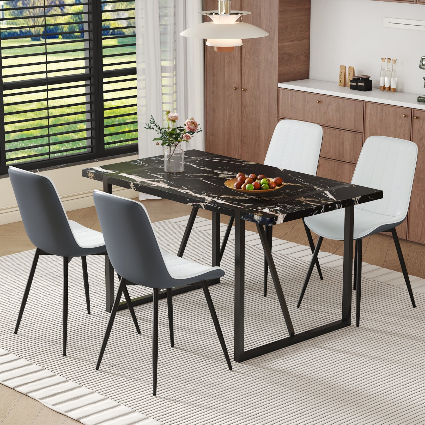 55"x 31.4" Modern Dining Table Set with 4 Extended Seat Cushion PU ...