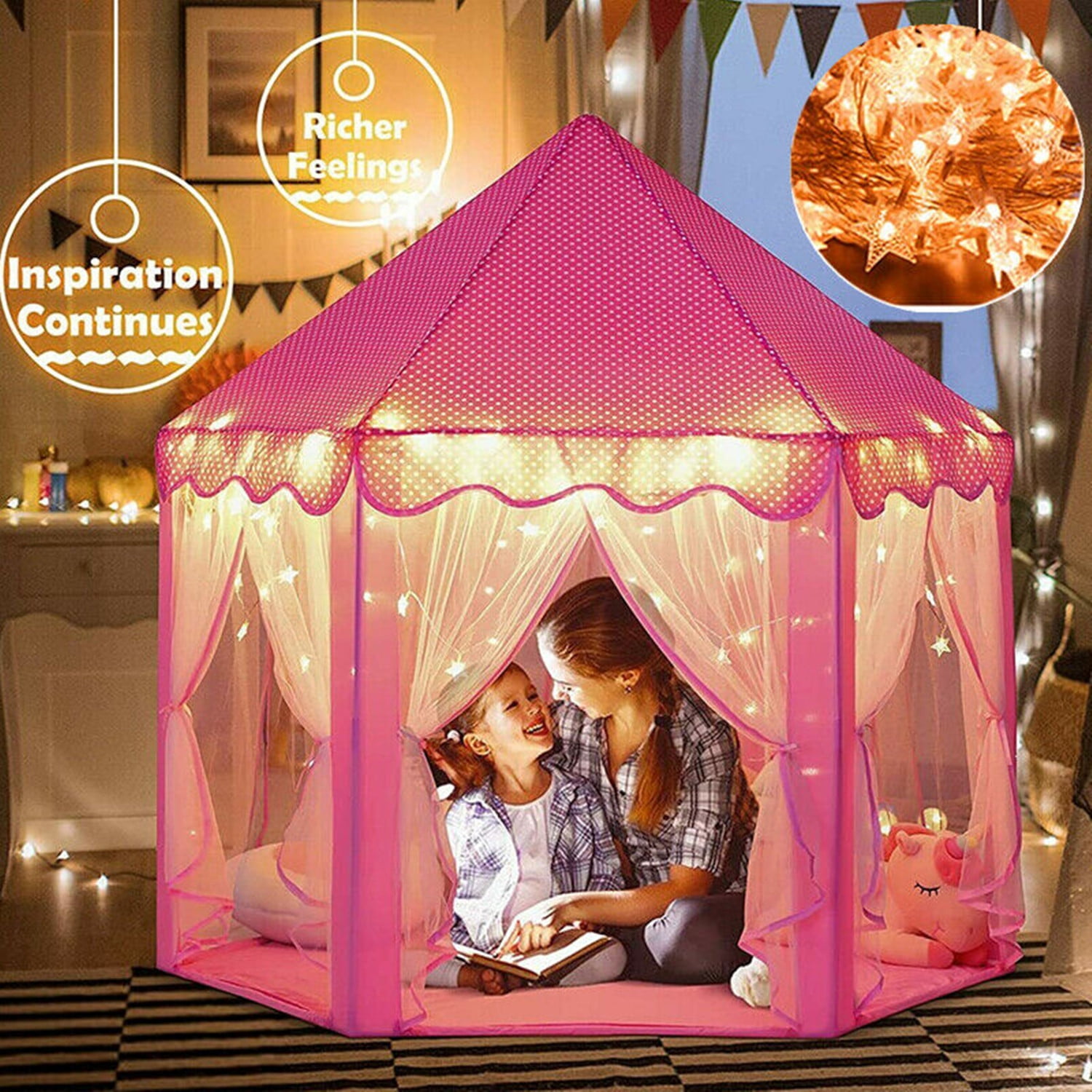 55''x 53'' Princess Tent with LED Star Lights Girls Playhouse Kids ...