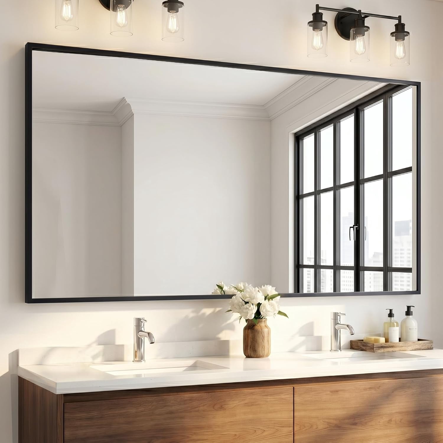 55"x30" Black Landscape Bathroom Mirror for Double Vanity, Shatterproof ...