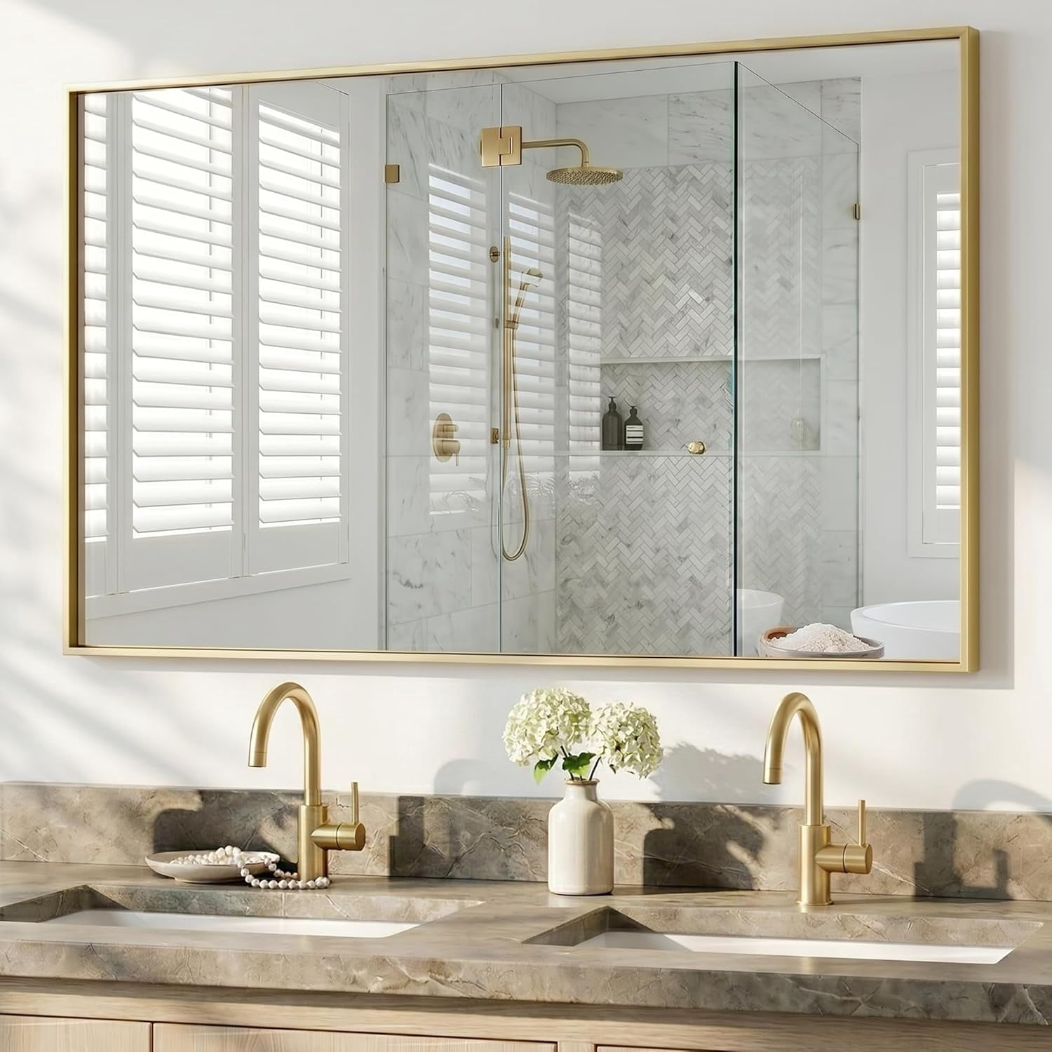 55"x30" Gold Landscape Bathroom Mirror for Double Vanity, Shatterproof ...