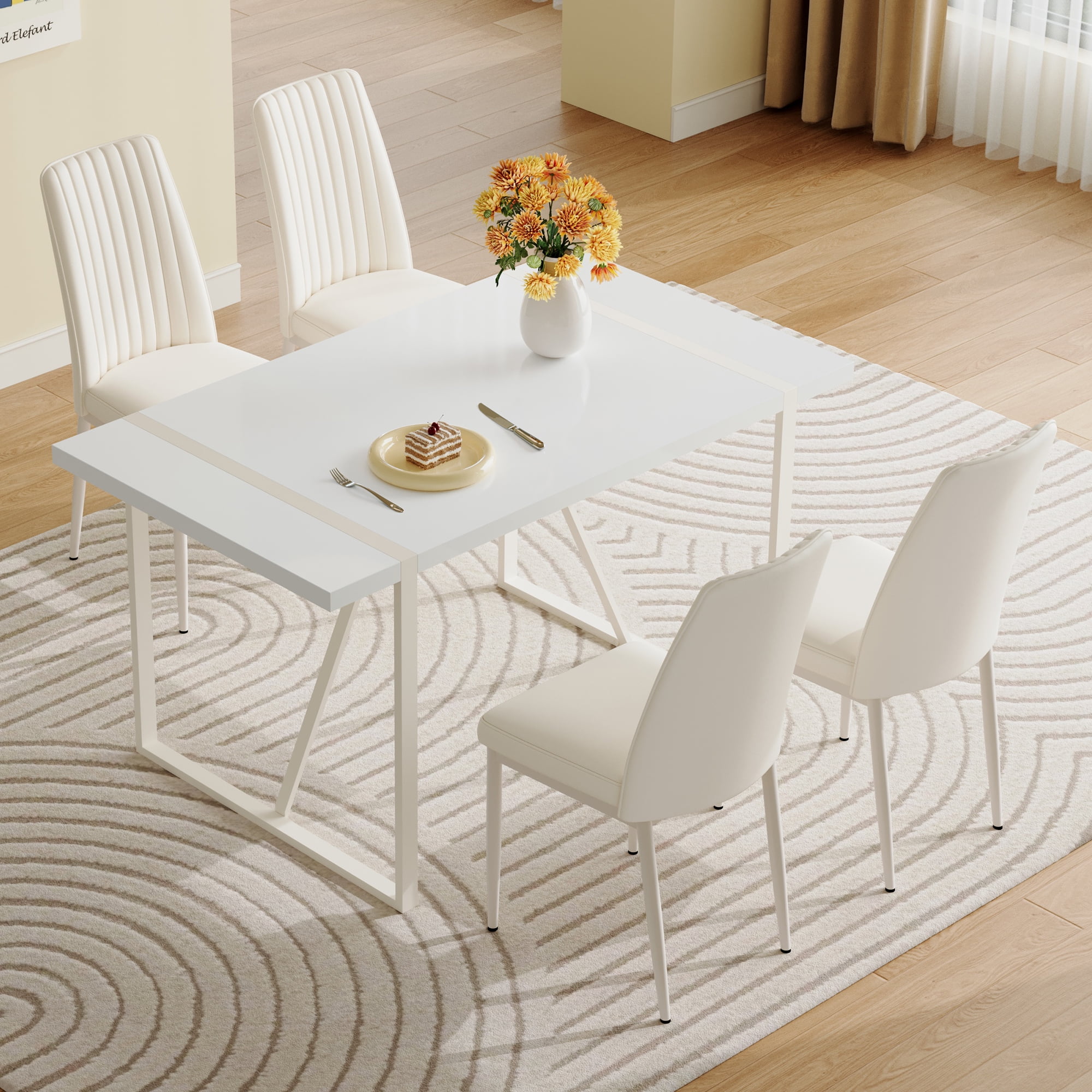 55"x31.5"Cream-Style White MDF Dining Table Set with 4 Armless Chairs ...
