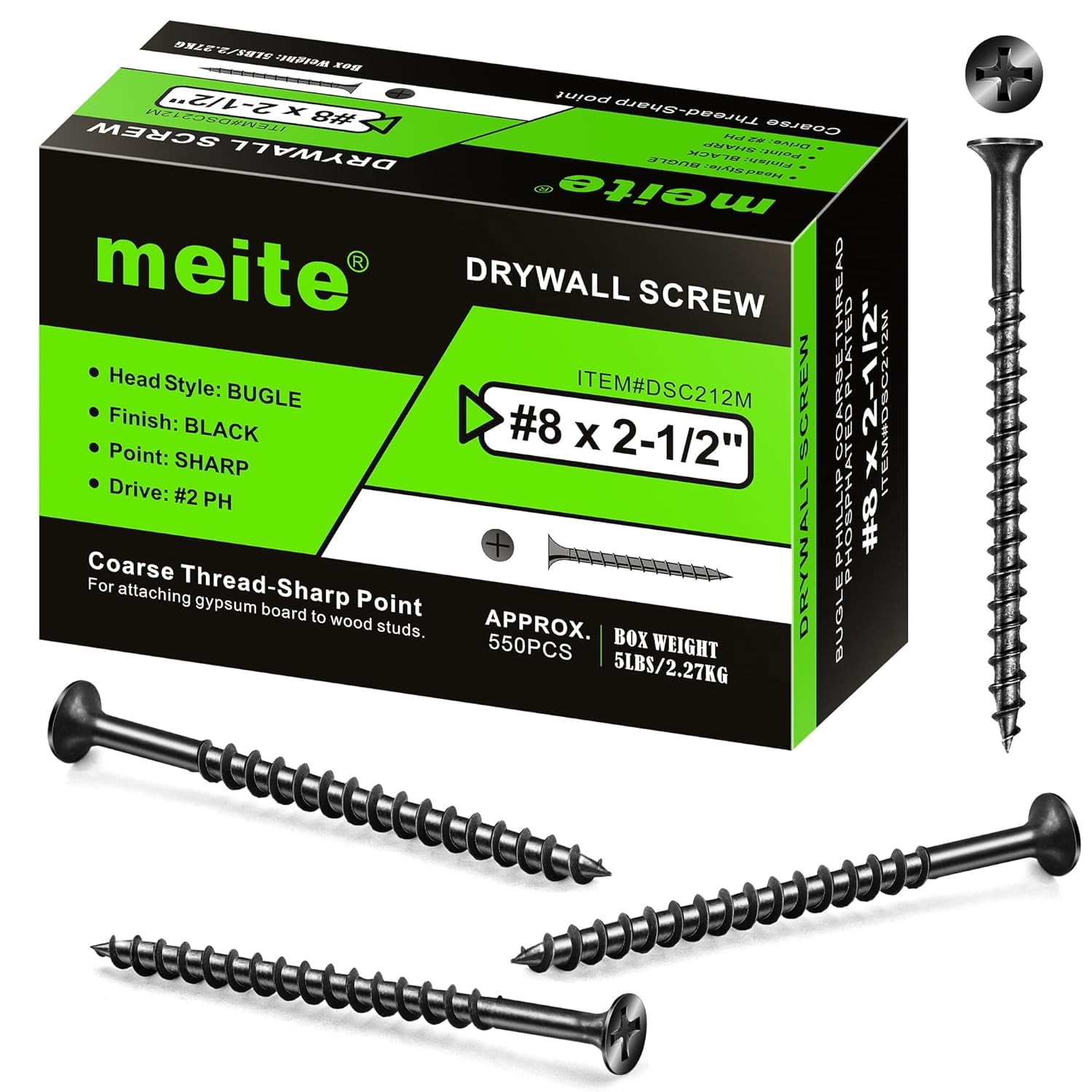 MEITE Drywall Screws, #8 x 2-1/2" Coarse Thread Wood Screws for Drywall ...