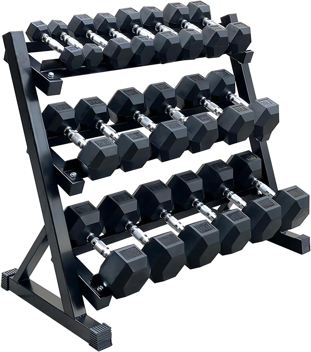 550 lbs Hex Dumbbell Set with Rack, 5-50 lbs Pairs - Rubber Coated Iron ...