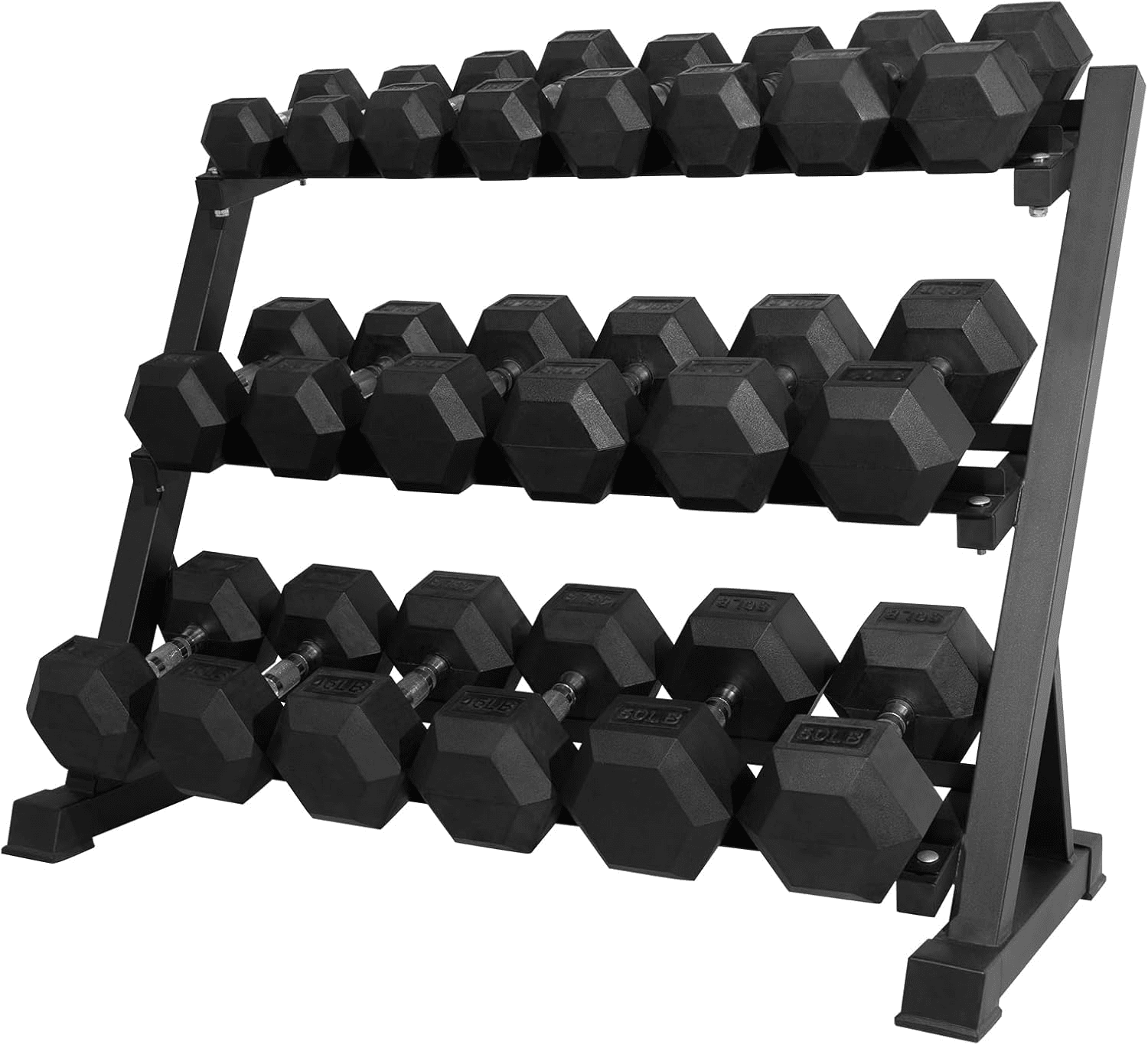550 lbs Hex Dumbbell Set with Rack, 5-50 lbs Pairs - Rubber Coated Iron ...